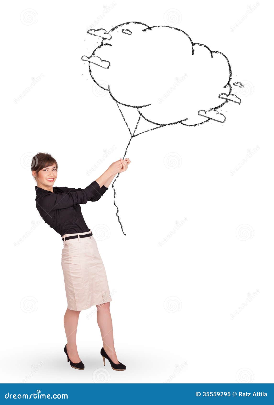 Young Lady Holding Cloud Balloon Drawing Stock Image - Image of drawing ...