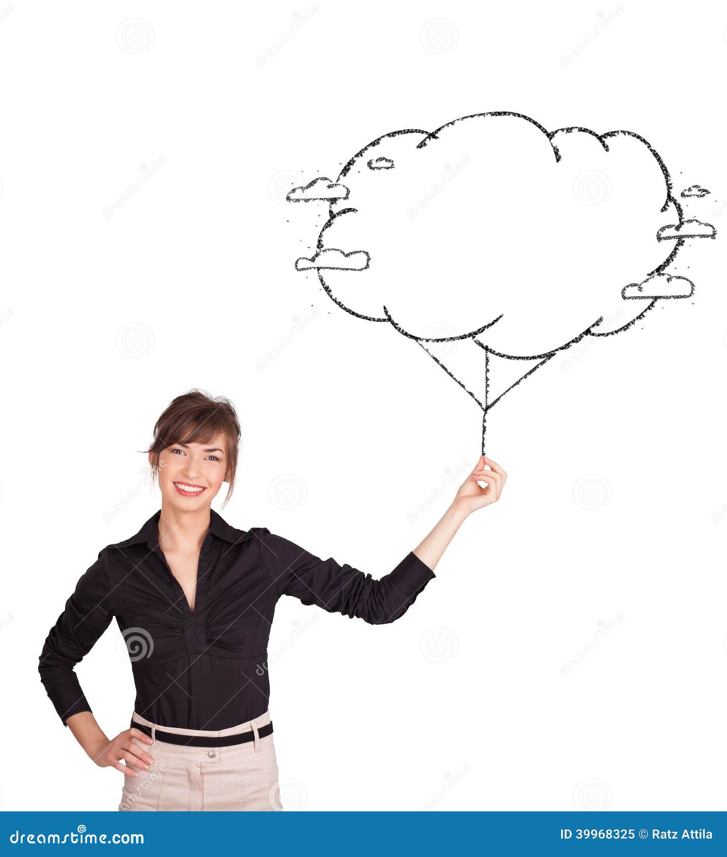 Young Lady Holding Cloud Balloon Drawing Stock Image - Image of ...