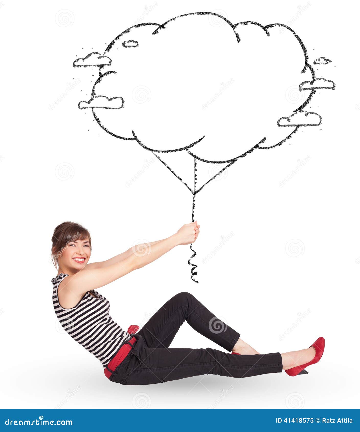 Young Lady Holding Cloud Balloon Drawing Stock Illustration ...