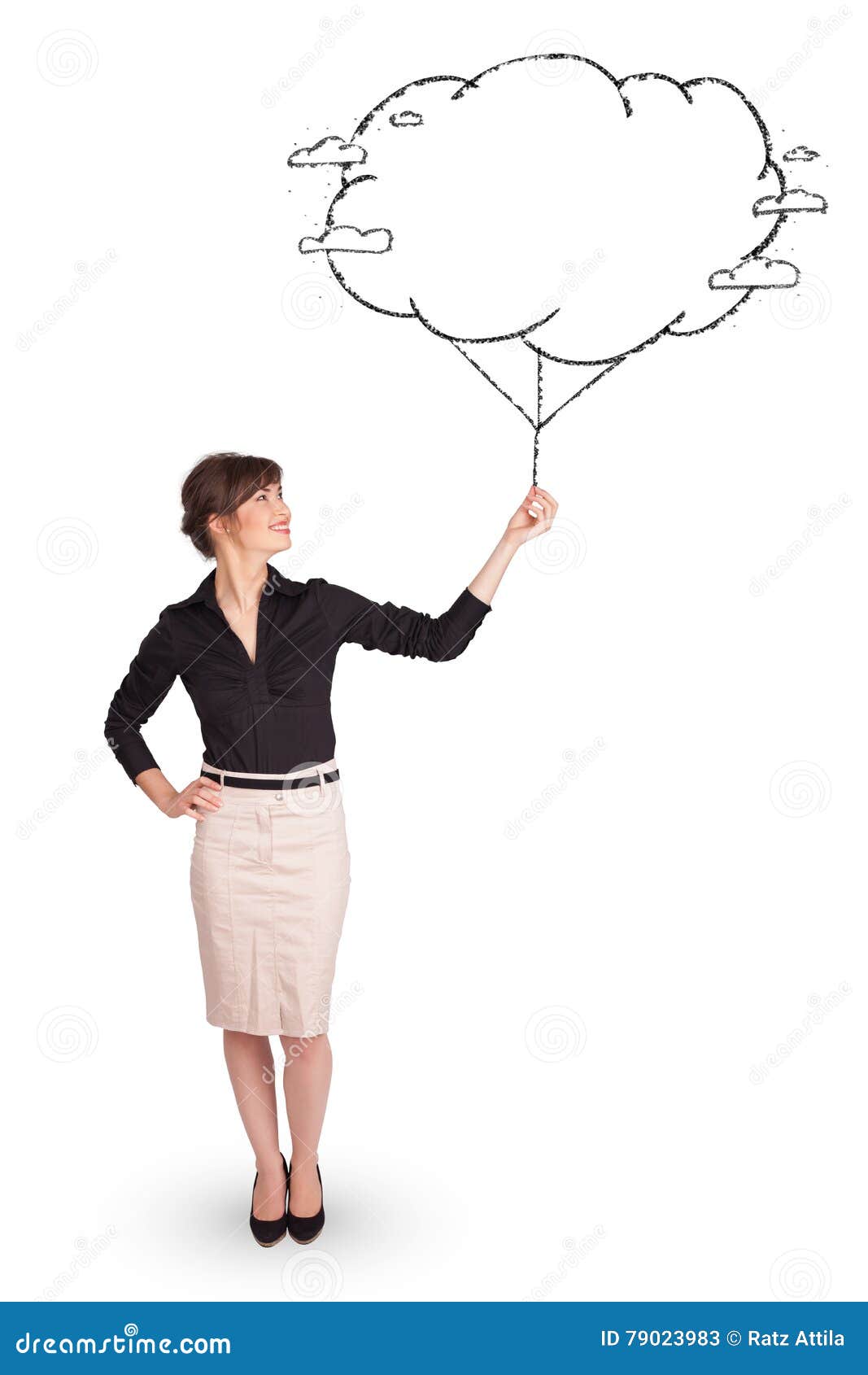 Young Lady Holding Cloud Balloon Drawing Stock Image - Image of funny ...