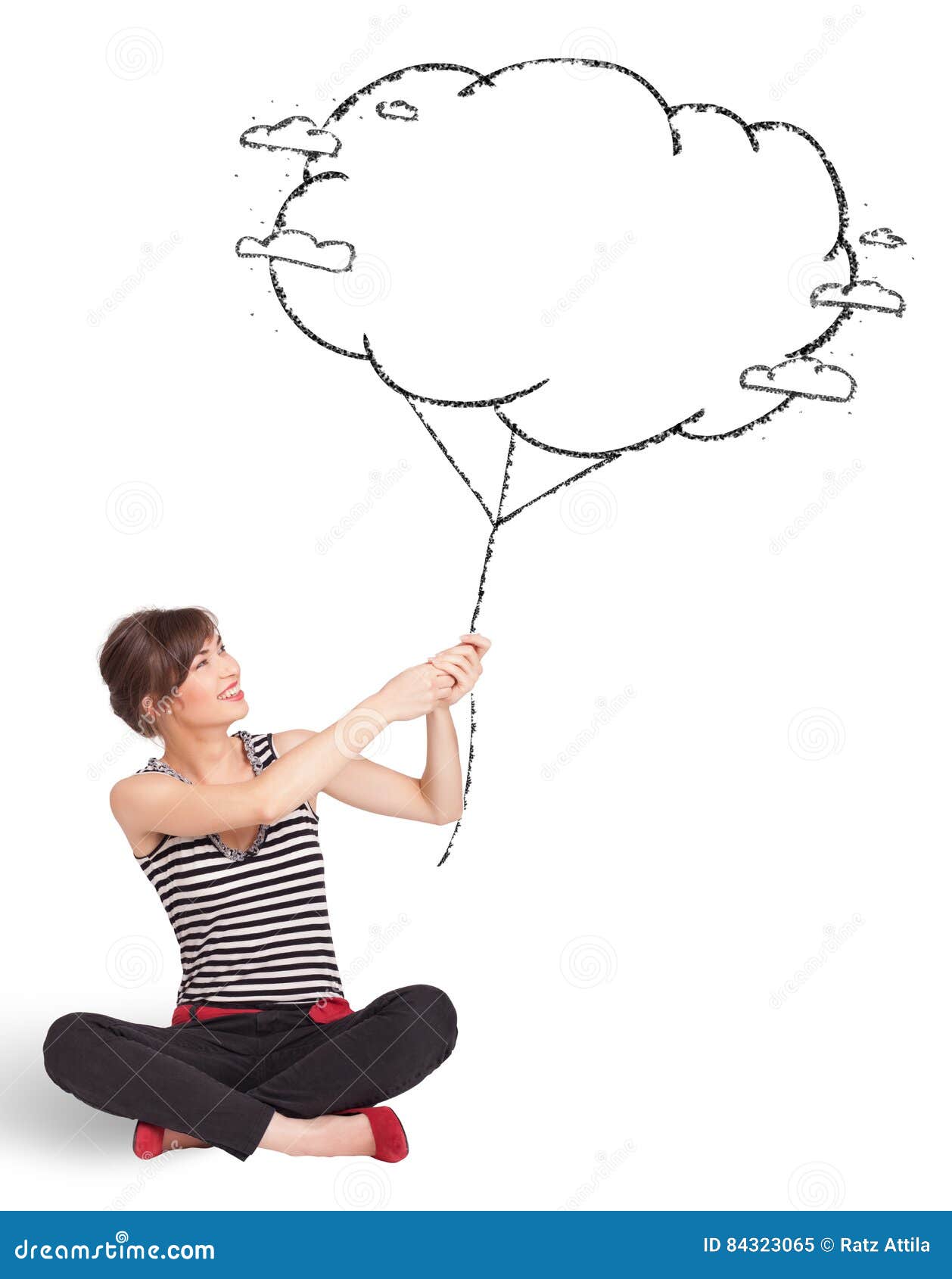 Young Lady Holding Cloud Balloon Drawing Stock Image - Image of female ...