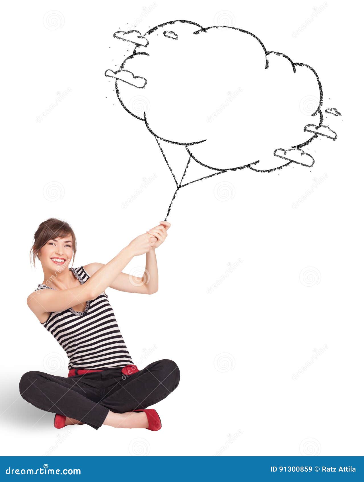 Young Lady Holding Cloud Balloon Drawing Stock Image - Image of cute ...