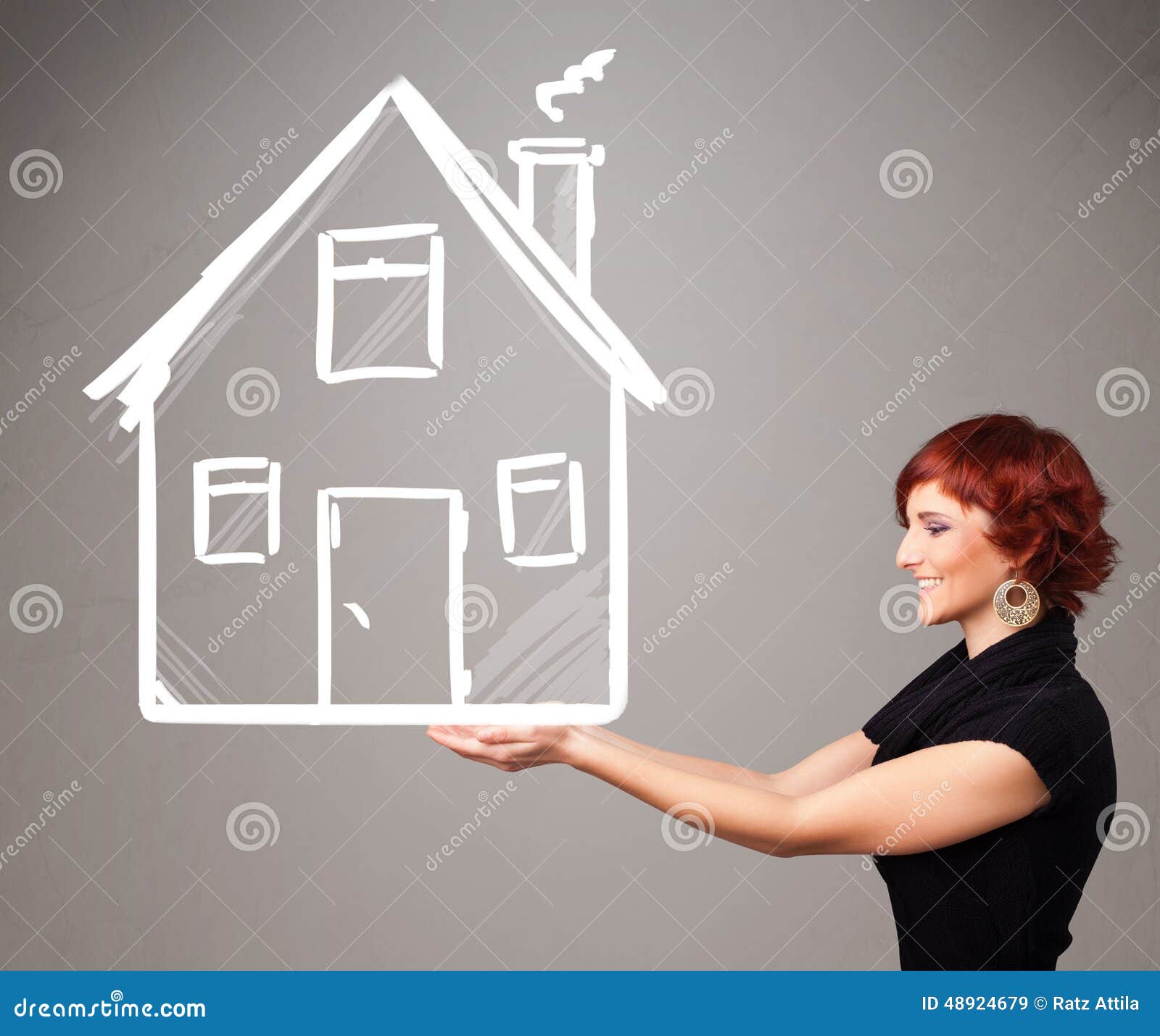 Young Lady Holding a Huge Drawn House Stock Image - Image of background ...