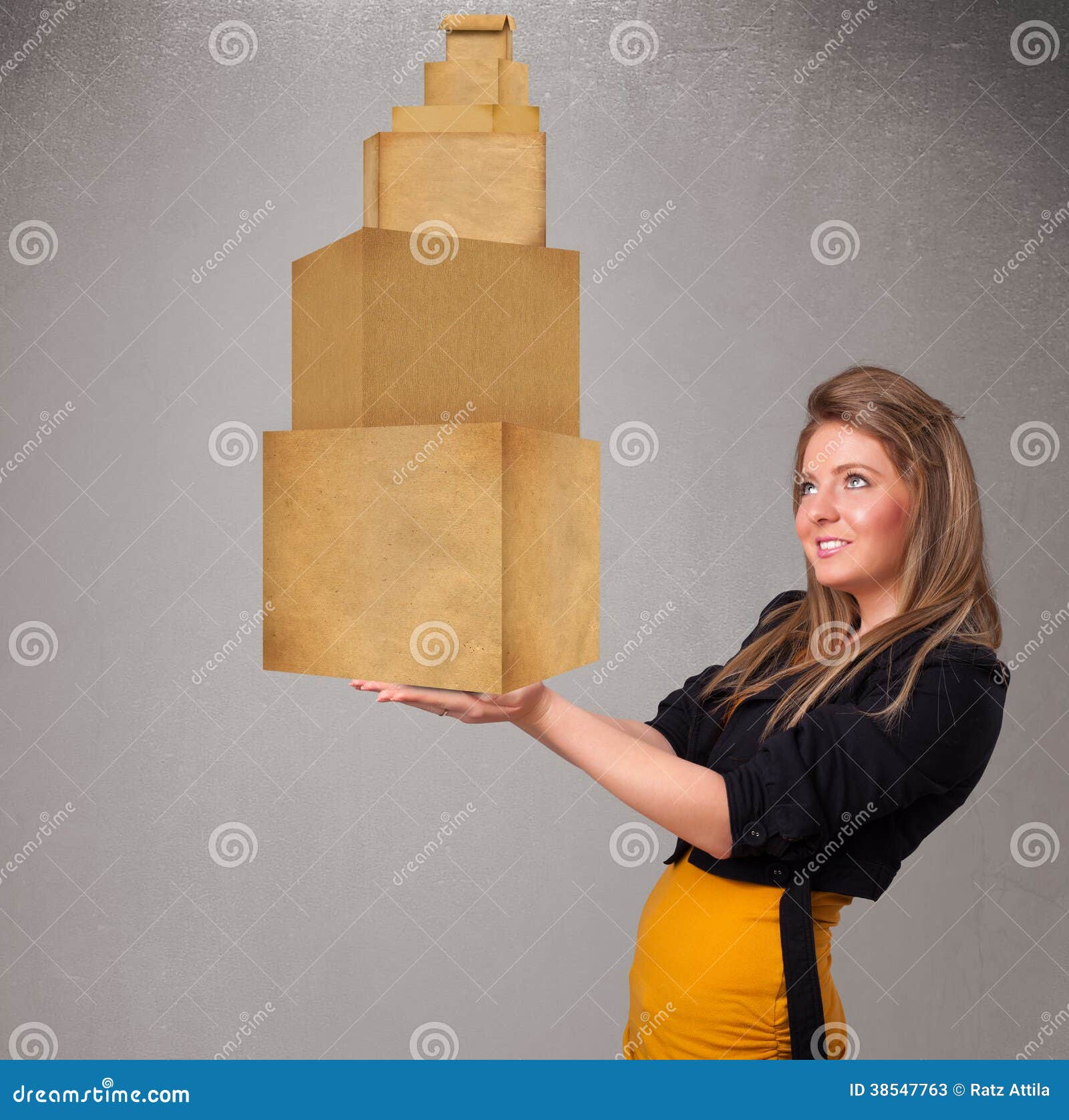 Young Lady Holding a Set of Brown Cardboard Boxes Stock Image - Image ...
