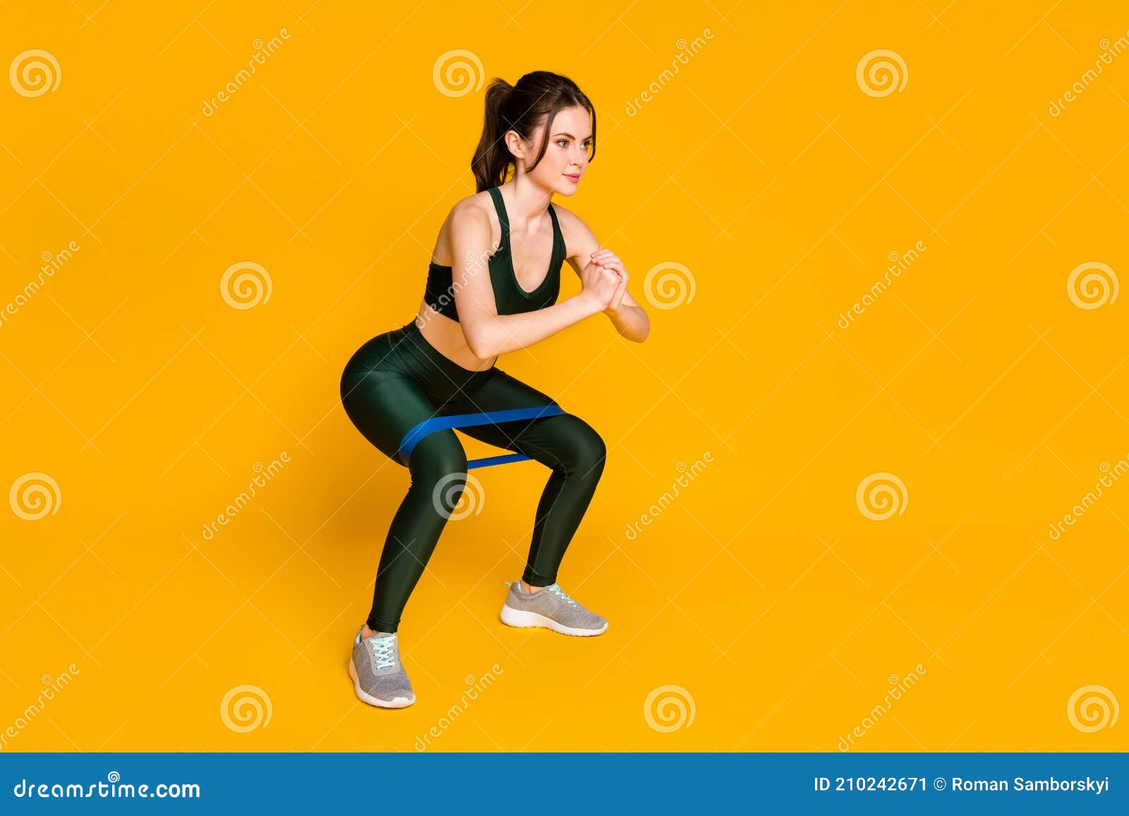 Young Lady House Gym Training Stretch Resistance Stripe Doing Squats