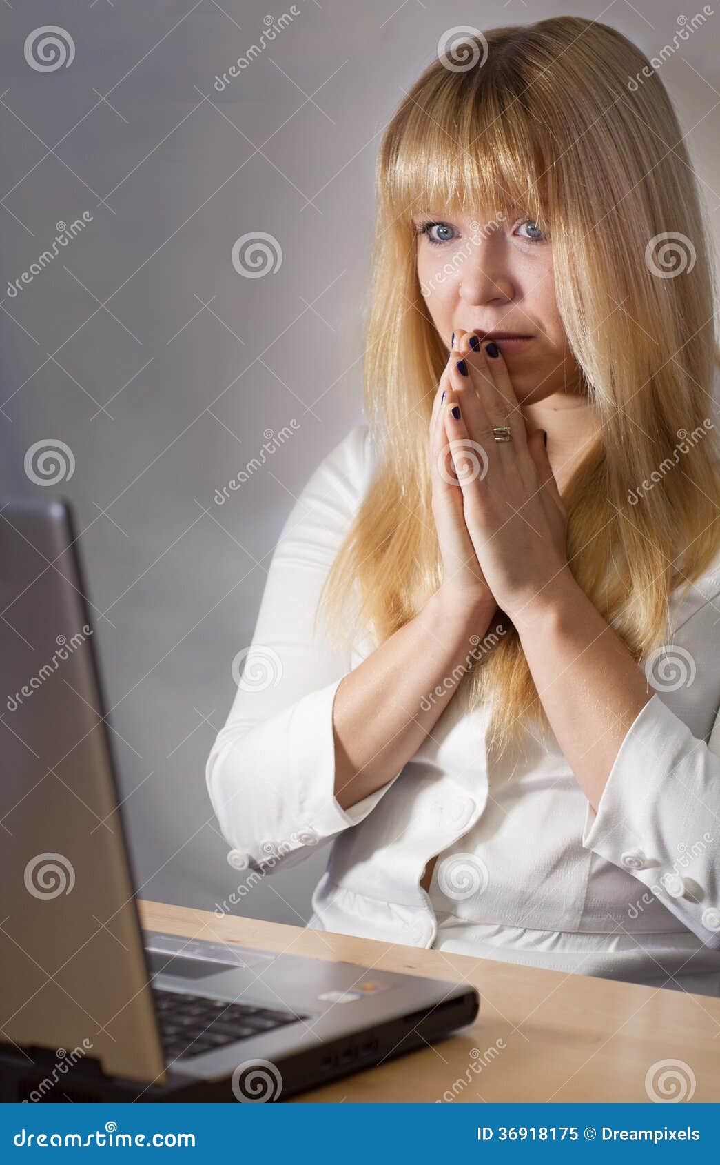 Young Lady Looking Worried in Front of Her Computer Stock Image - Image ...
