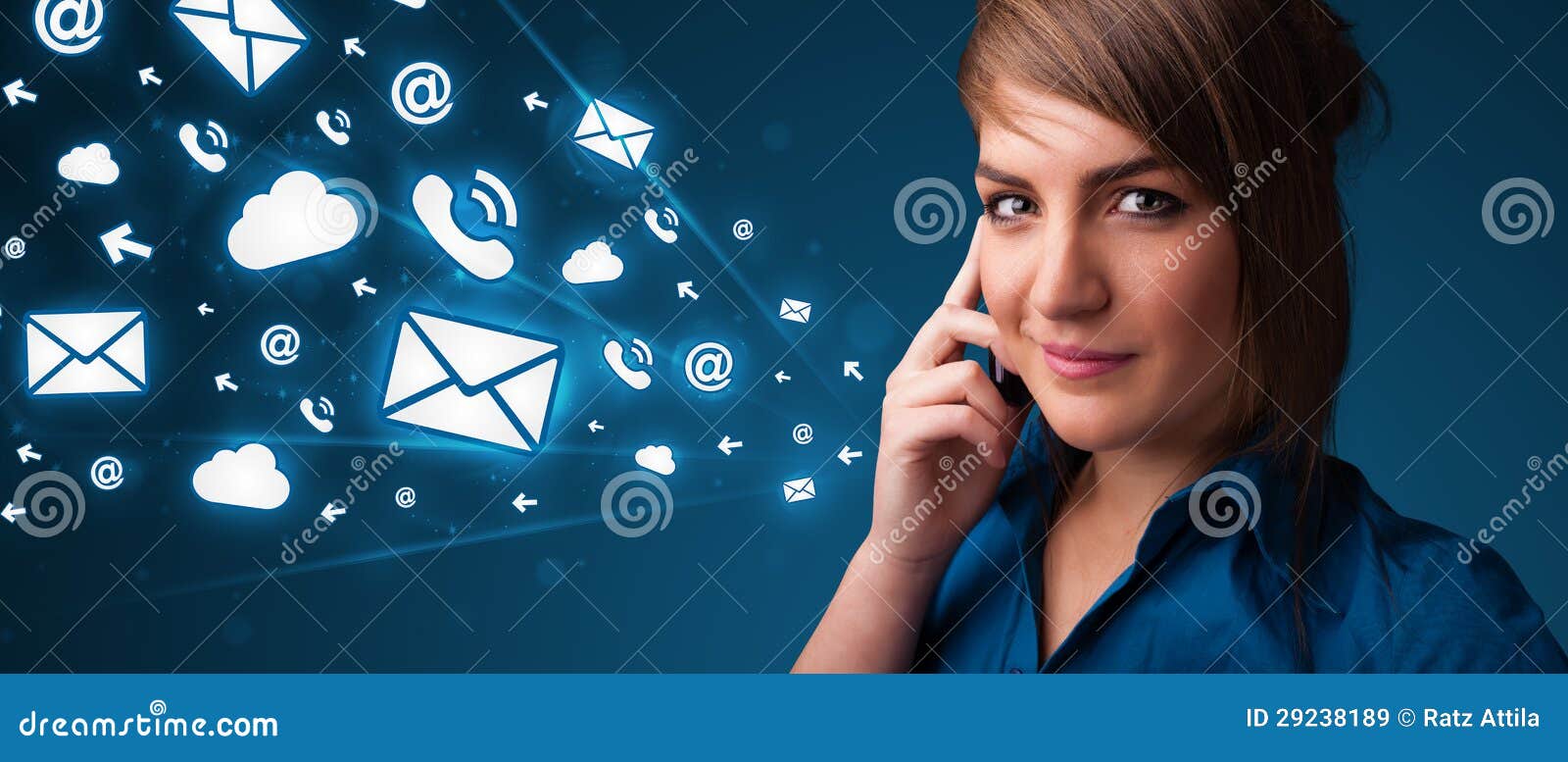 Young Lady Making Phone Call with Message Icons Stock Image - Image of ...