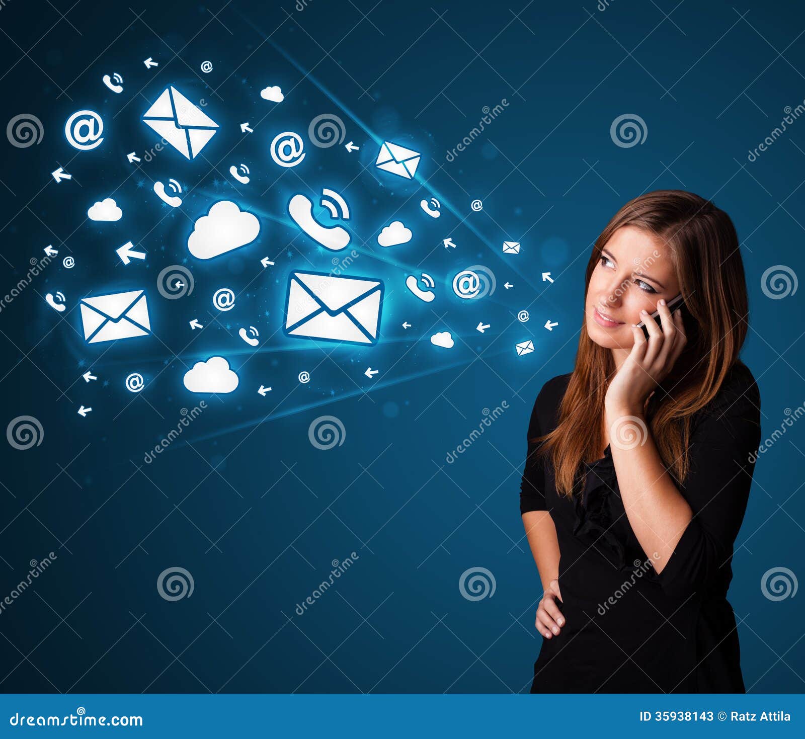 Young Lady Making Phone Call with Message Icons Stock Image - Image of ...