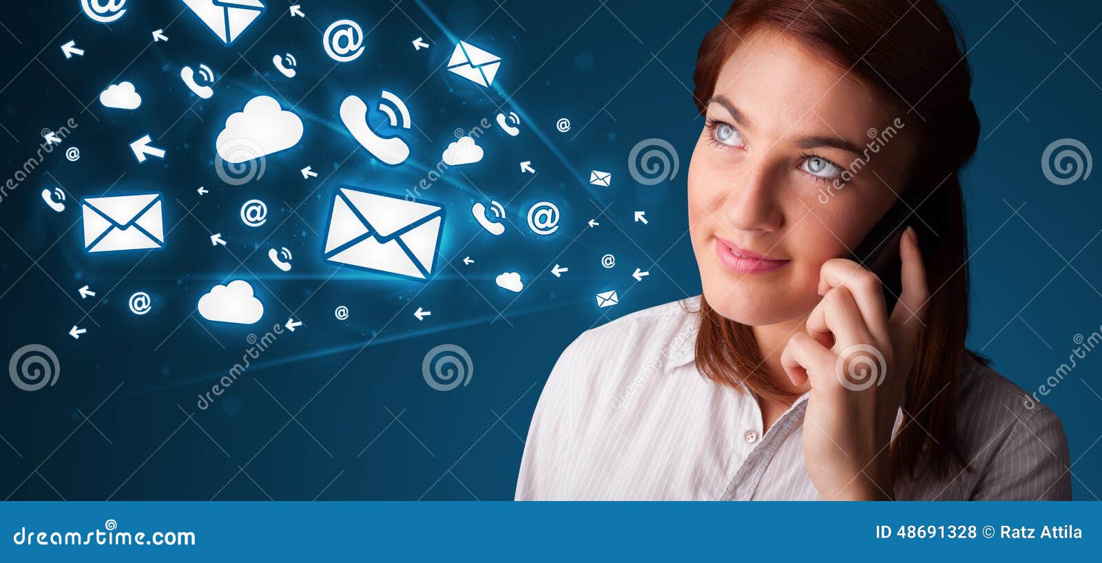 Young Lady Making Phone Call with Message Icons Stock Photo - Image of ...