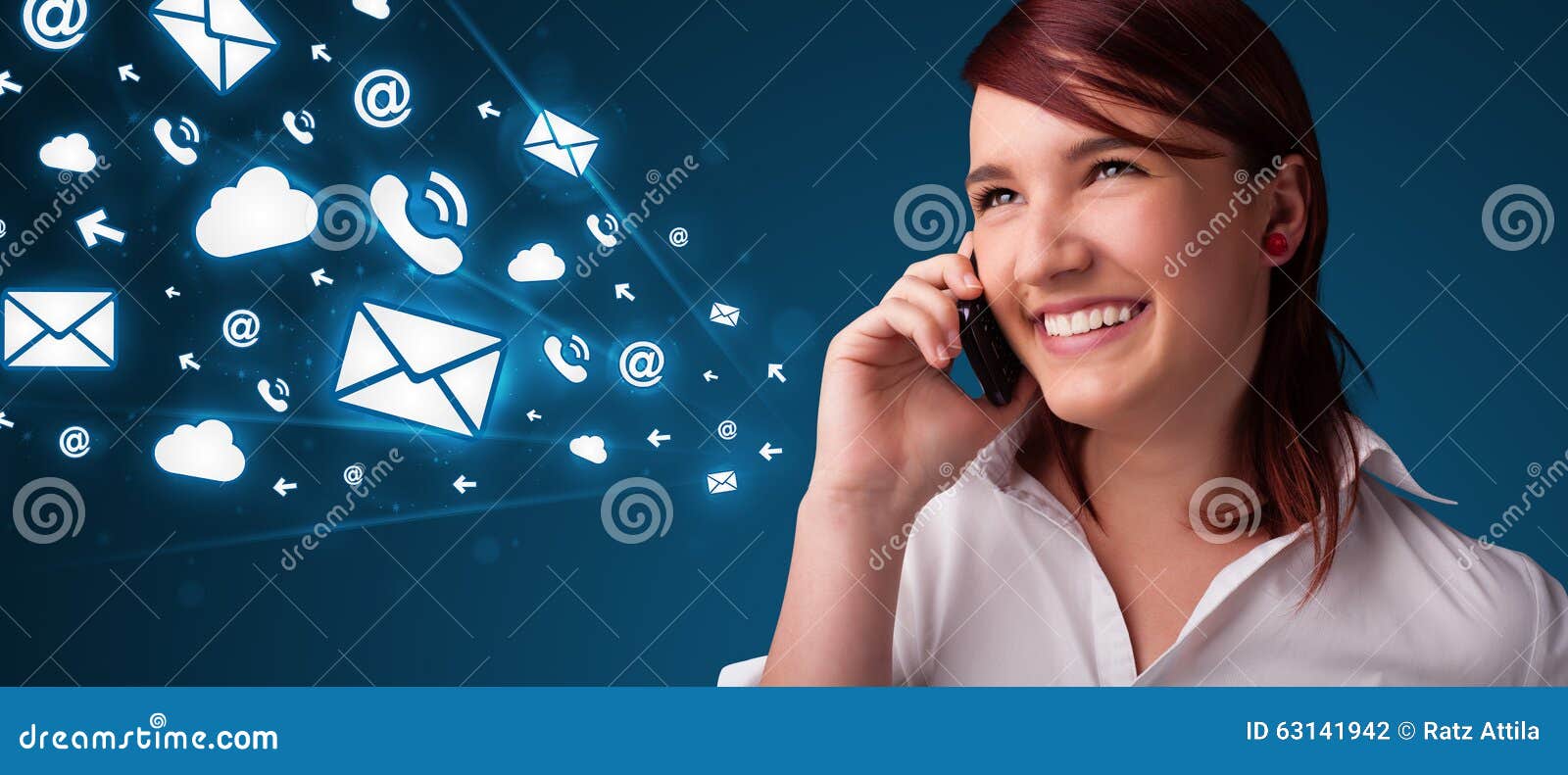 Young Lady Making Phone Call with Message Icons Stock Photo - Image of ...