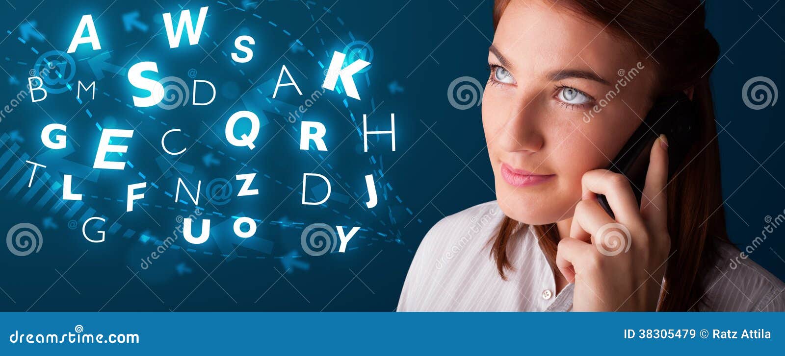 Young Lady Making Phone Call with Shiny Characters Stock Image - Image ...