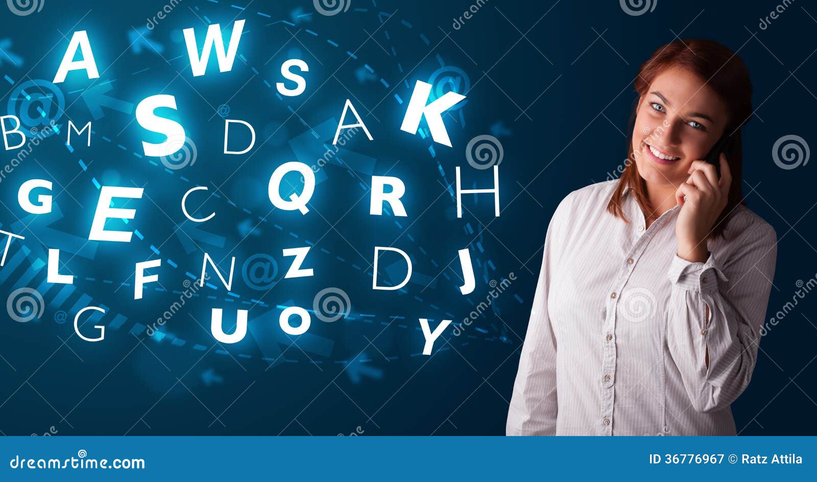 Young Lady Making Phone Call with Shiny Characters Stock Image - Image ...