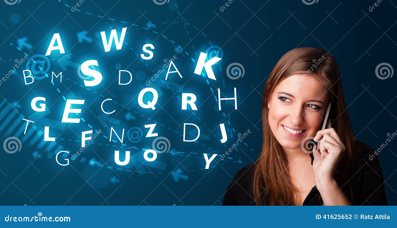 Young Lady Making Phone Call with Shiny Characters Stock Illustration ...