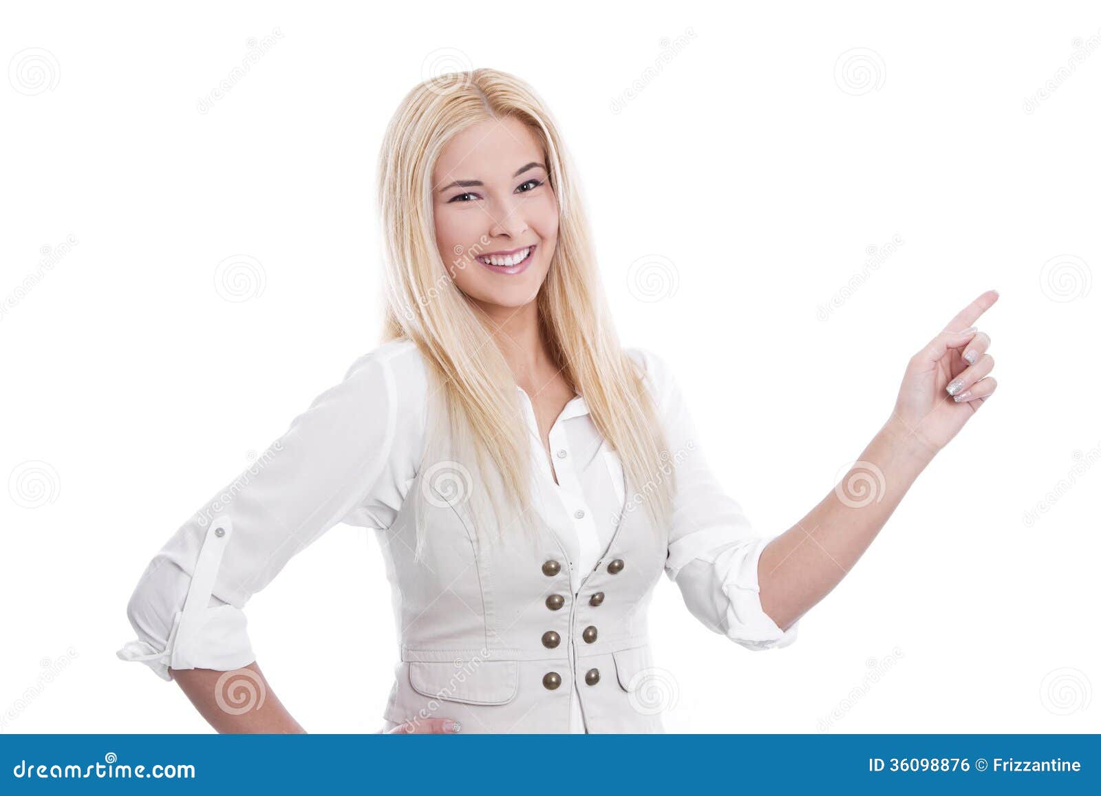 Young Lady Pointing Something Stock Photo - Image of advertising ...