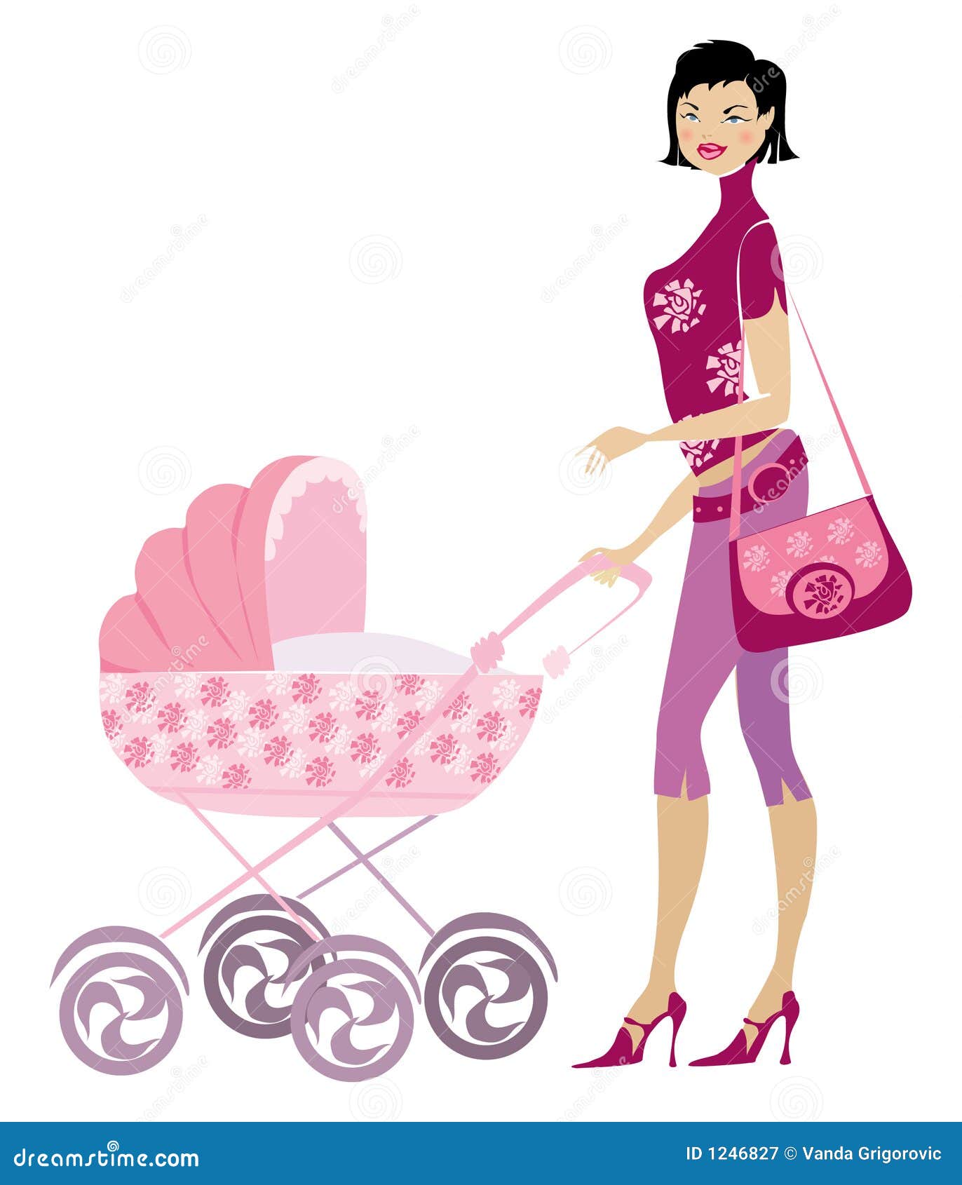 Young lady and pram stock vector. Illustration of fashion - 1246827