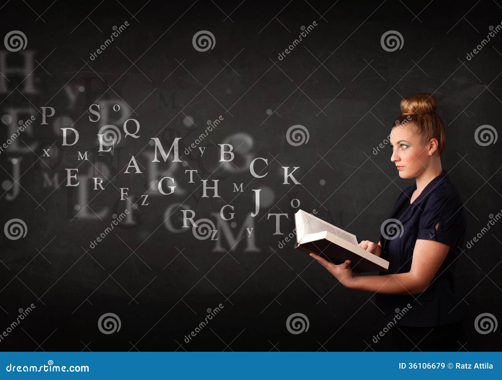 Young Lady Reading a Book with Alphabet Letters Stock Image - Image of ...