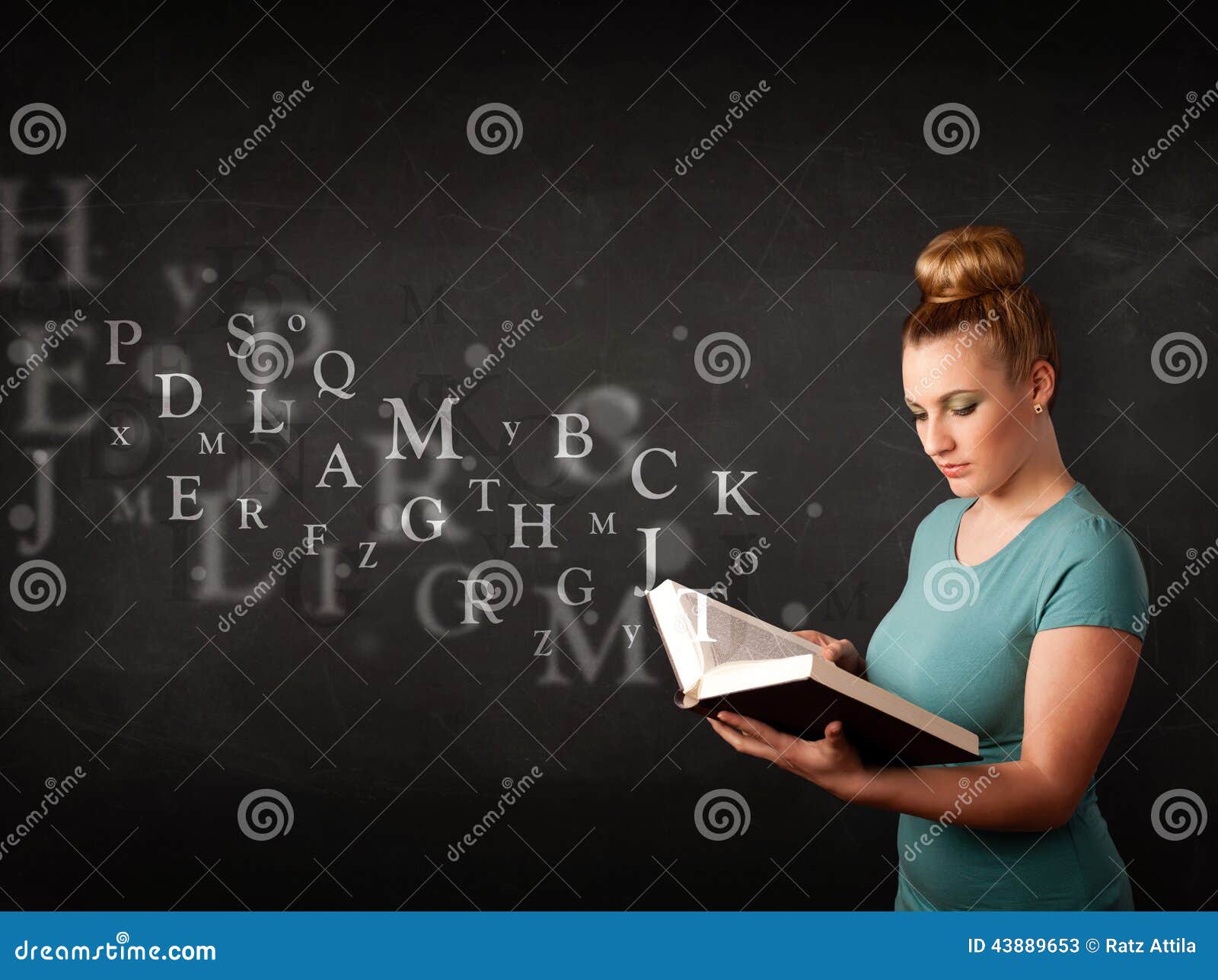 Young Lady Reading a Book with Alphabet Letters Stock Image - Image of ...