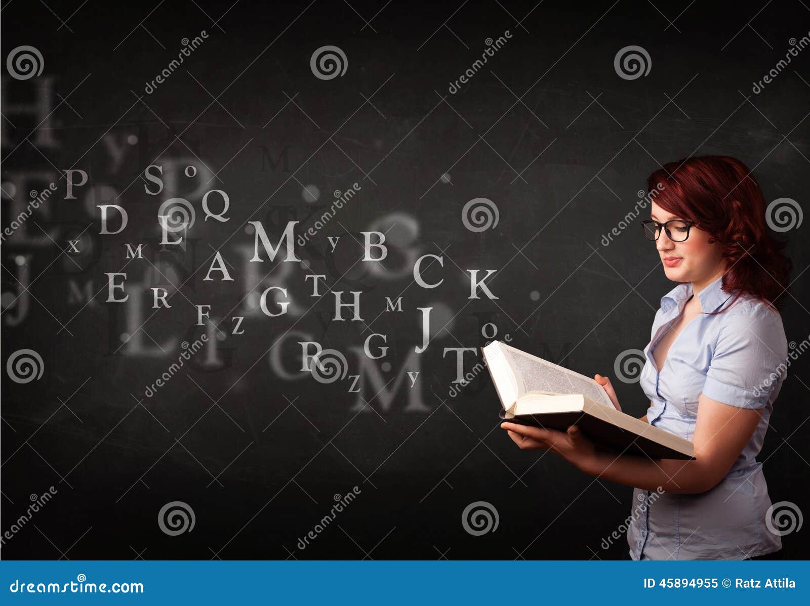 Young Lady Reading a Book with Alphabet Letters Stock Image - Image of ...