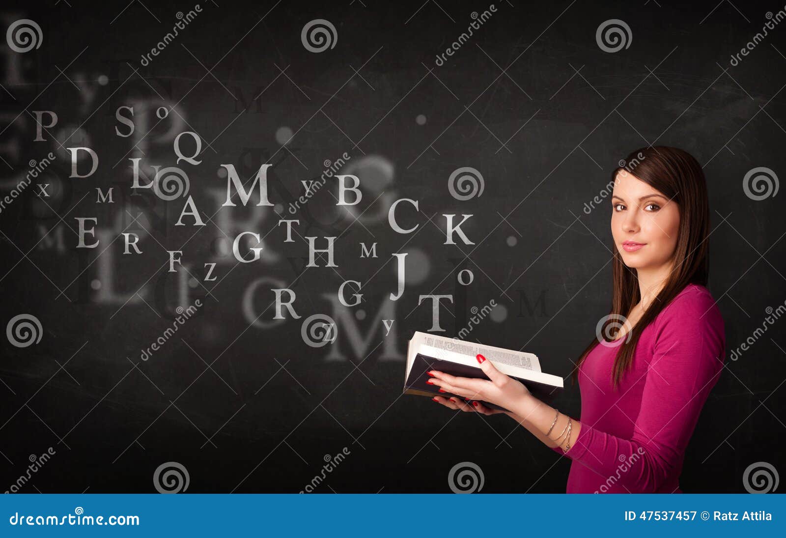 Young Lady Reading a Book with Alphabet Letters Stock Image - Image of ...