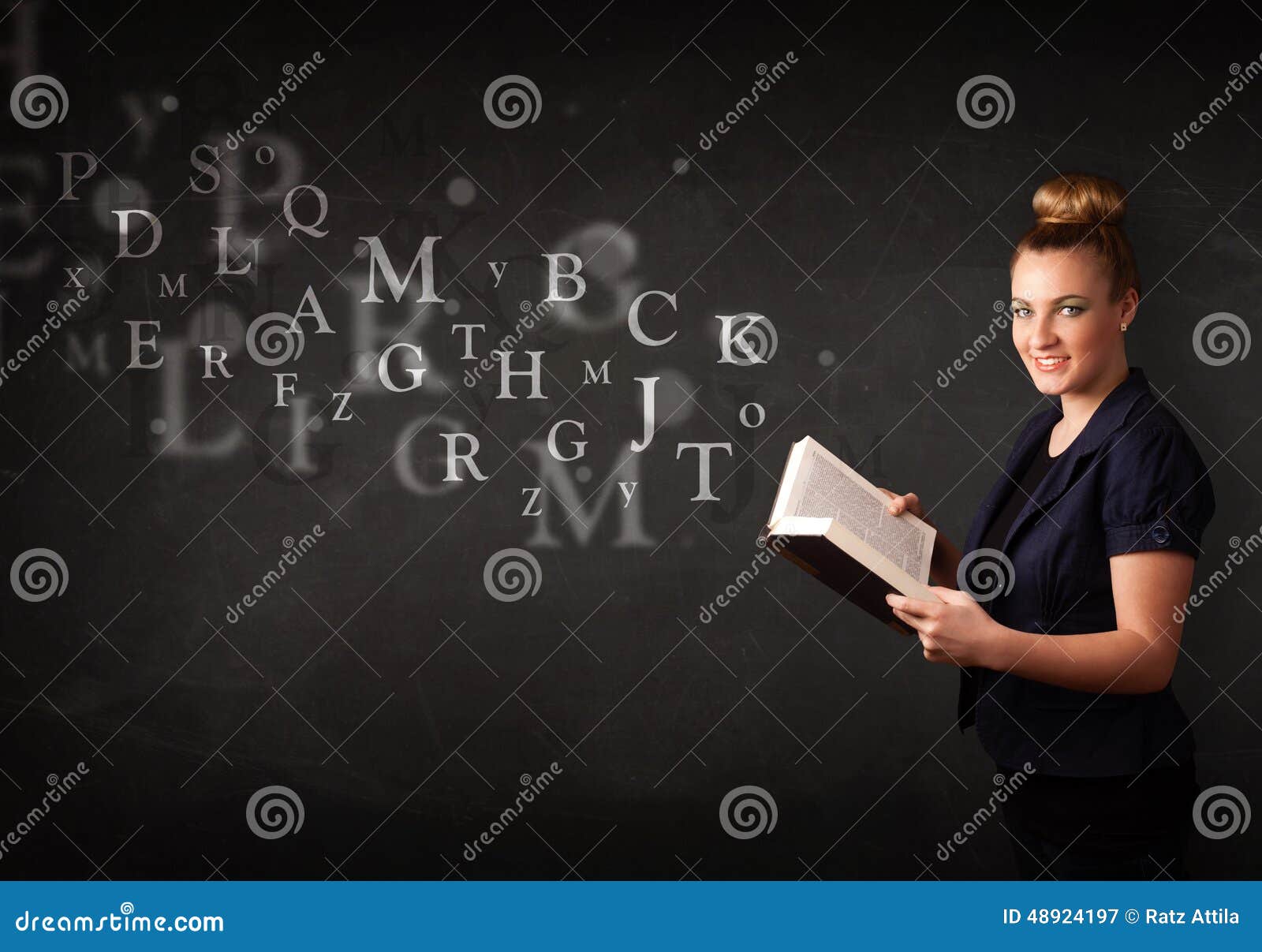 Young Lady Reading a Book with Alphabet Letters Stock Image - Image of ...