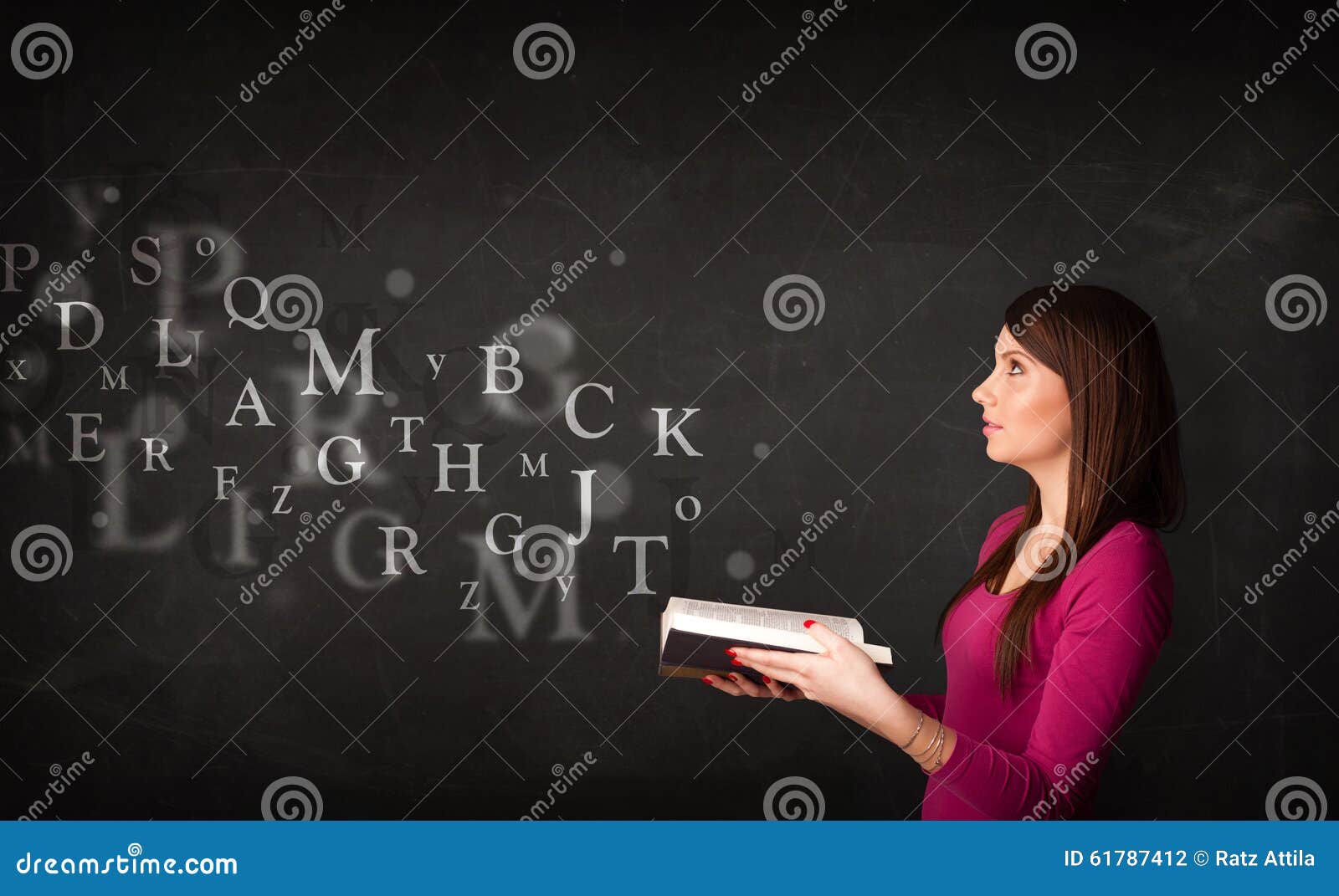Young Lady Reading a Book with Alphabet Letters Stock Photo - Image of ...