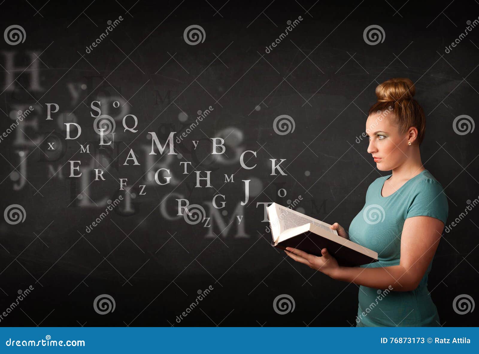 Young Lady Reading a Book with Alphabet Letters Stock Image - Image of ...