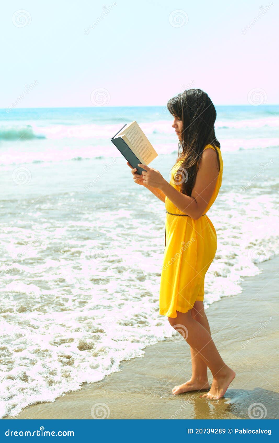 Young Lady Reading a Book on the Beach Stock Image - Image of green ...