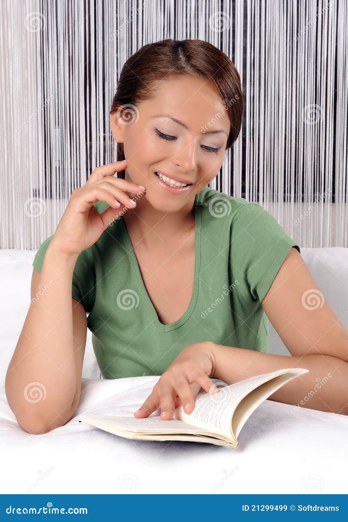 Young Lady Reading a Book while Lying on Bed Stock Image - Image of ...
