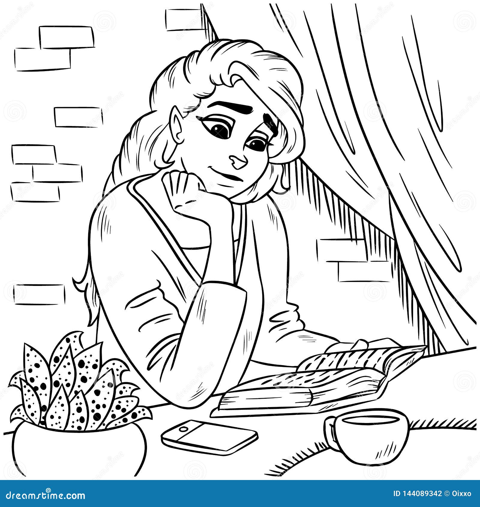 Young Lady Reading a Book Outline Coloring Vector Image Stock Vector ...