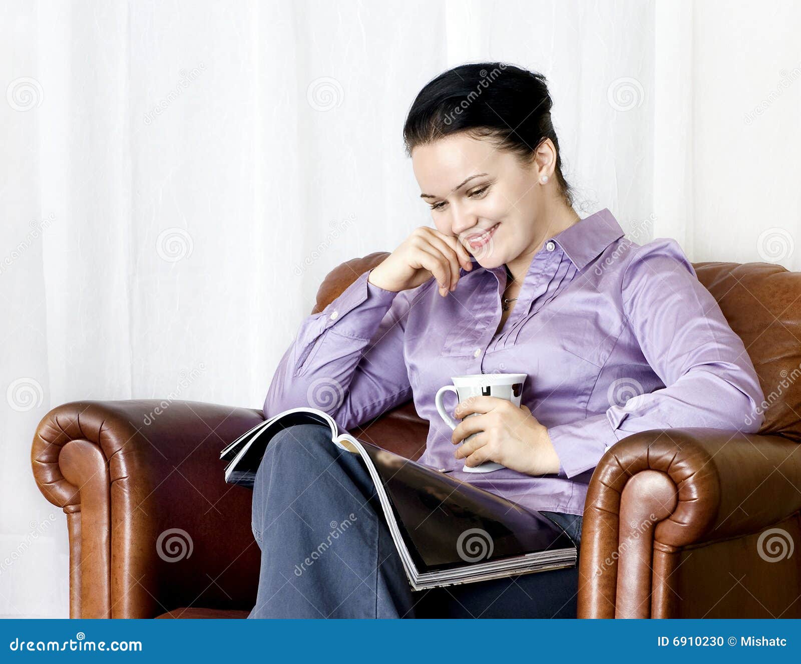 Young Lady Reading Magazine Stock Photo - Image of drink, cream: 6910230