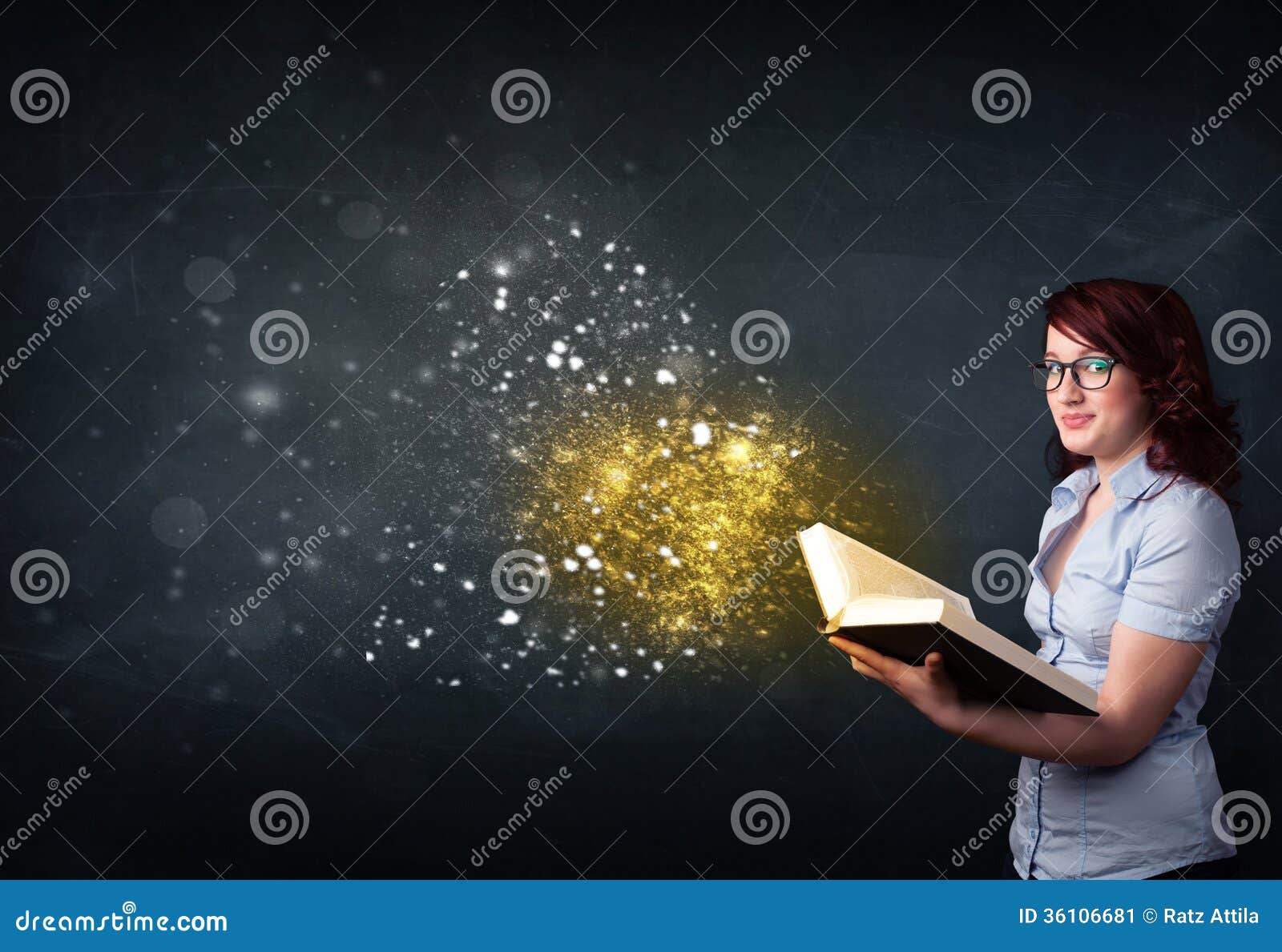 Young Lady Reading a Magical Book Stock Image - Image of explosion ...