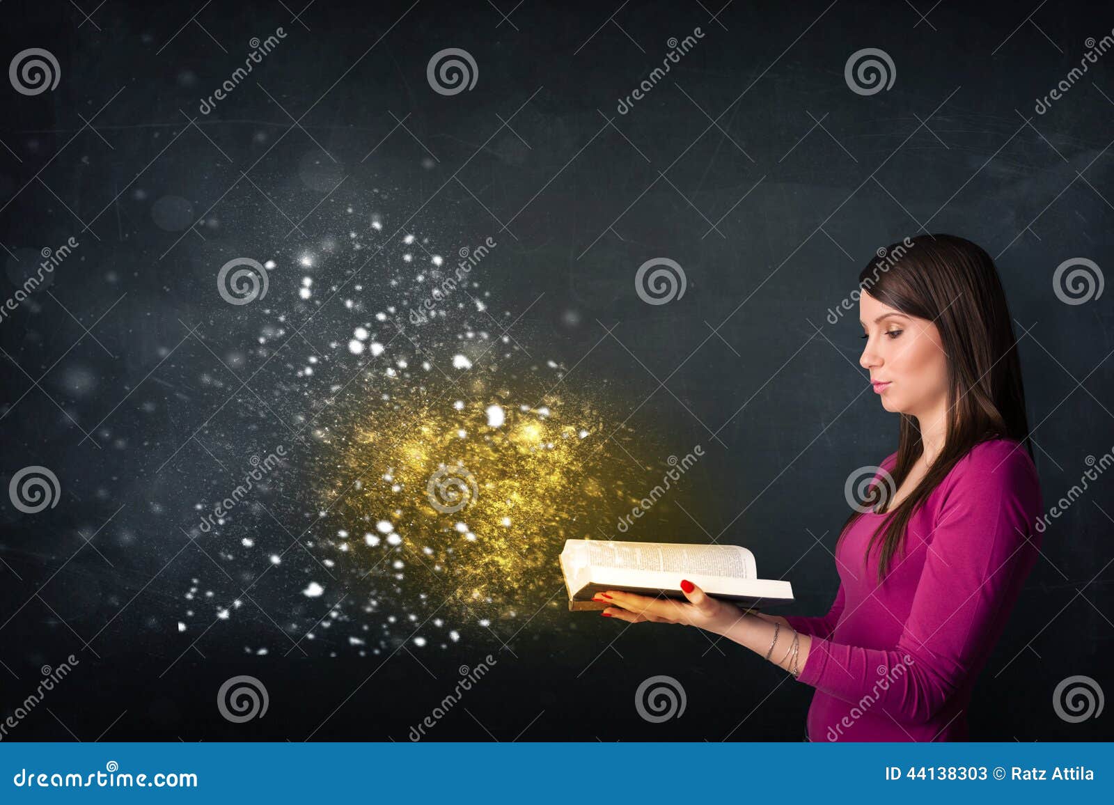 Young Lady Reading a Magical Book Stock Image - Image of glowing, learn ...