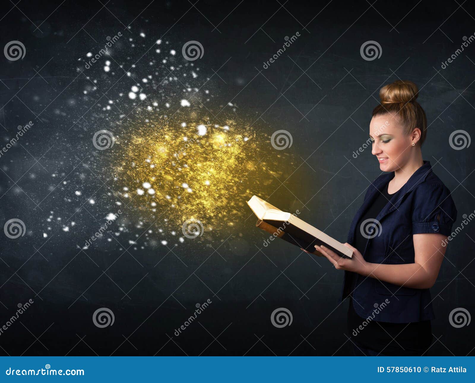 Young Lady Reading a Magical Book Stock Photo - Image of imagination ...