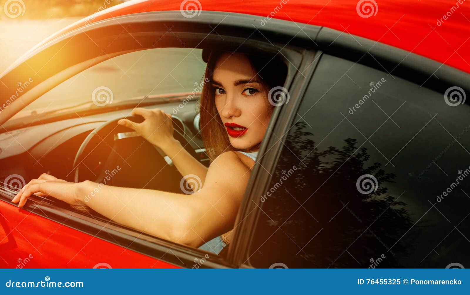Young Lady with Red Lips Driving a Car Stock Image - Image of portrait ...