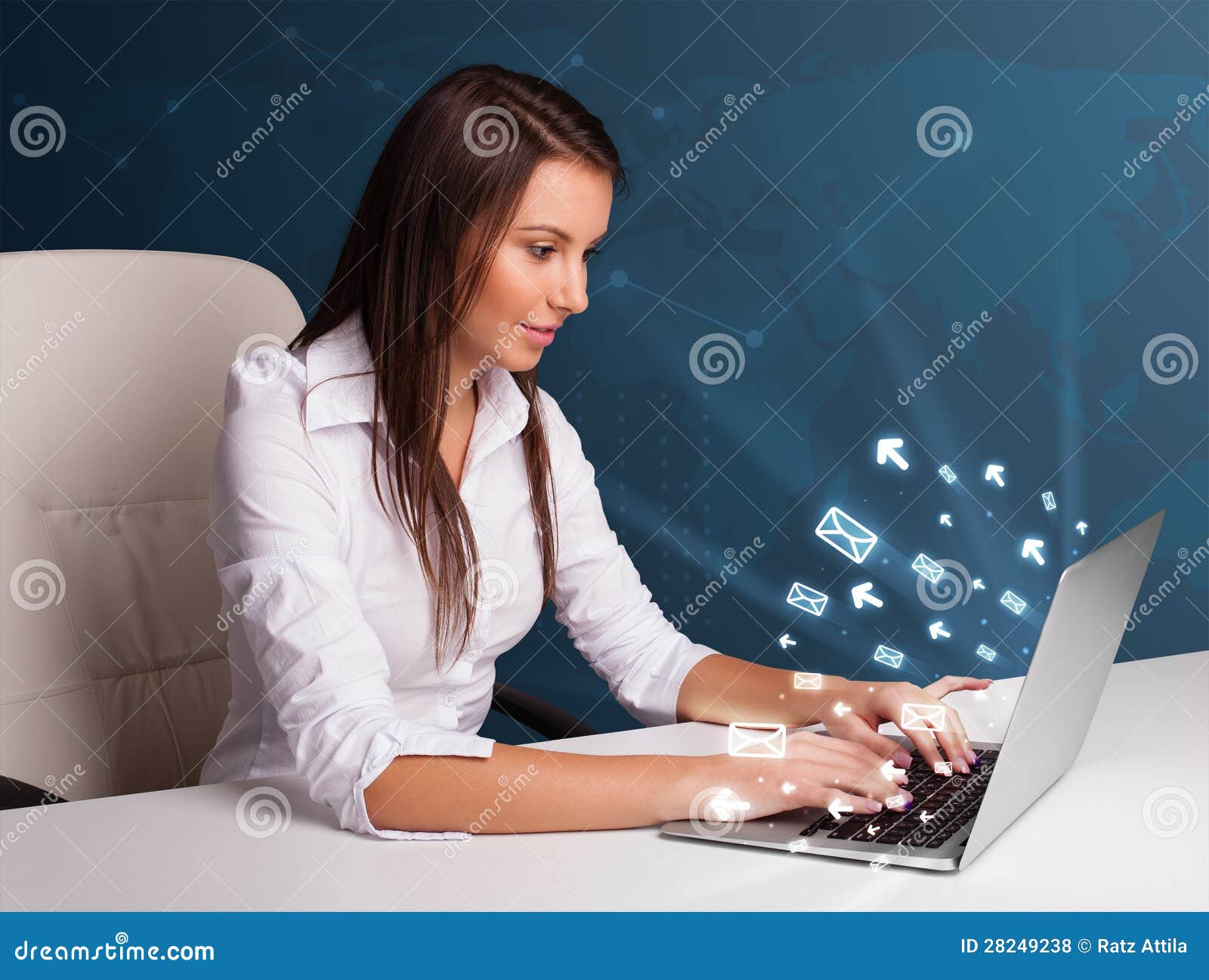 Young Lady Sitting at Dest and Typing on Laptop with Message Icons ...