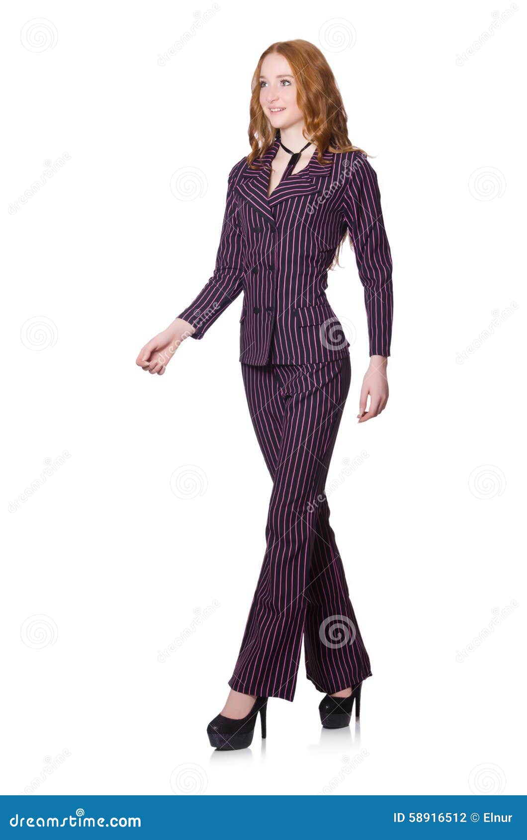 Young Lady in Striped Retro Suit Isolated on White Stock Photo - Image ...