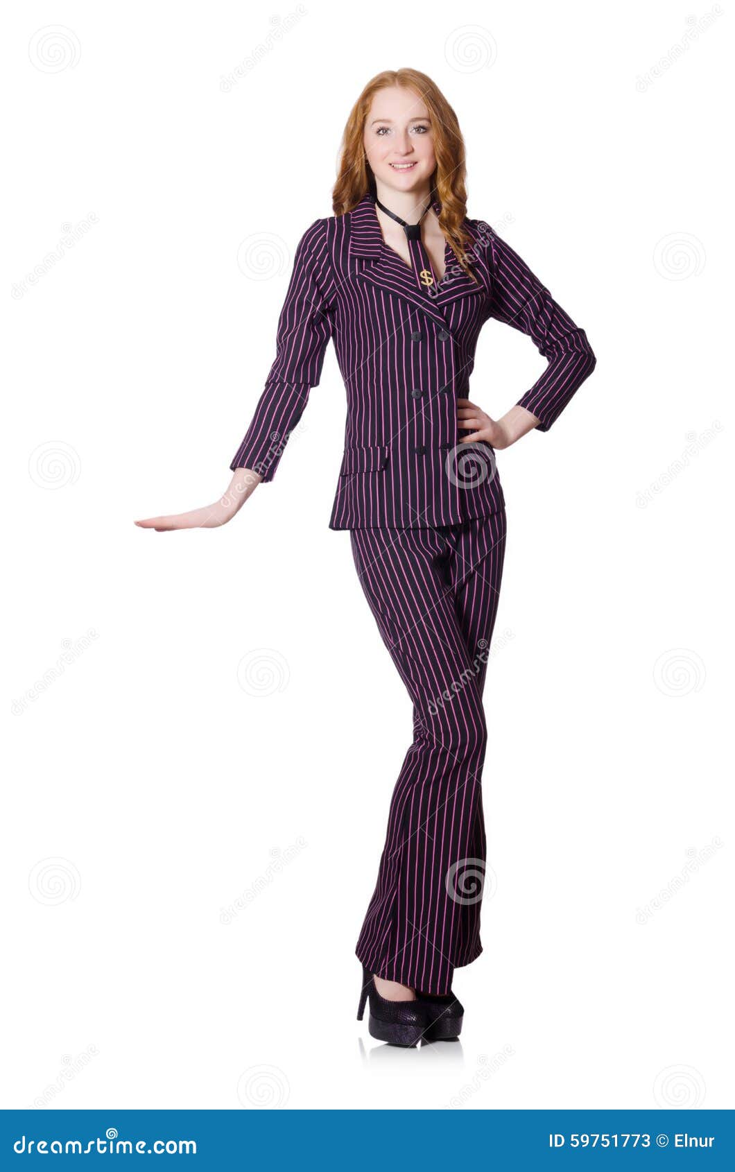 Young Lady in Striped Retro Suit Isolated on White Stock Image - Image ...