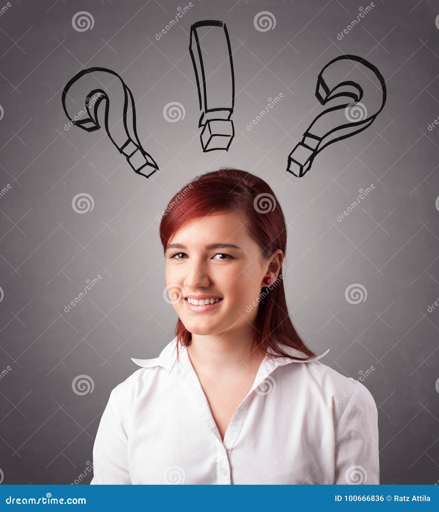 Young Lady Thinking with Question Marks Overhead Stock Photo - Image of ...