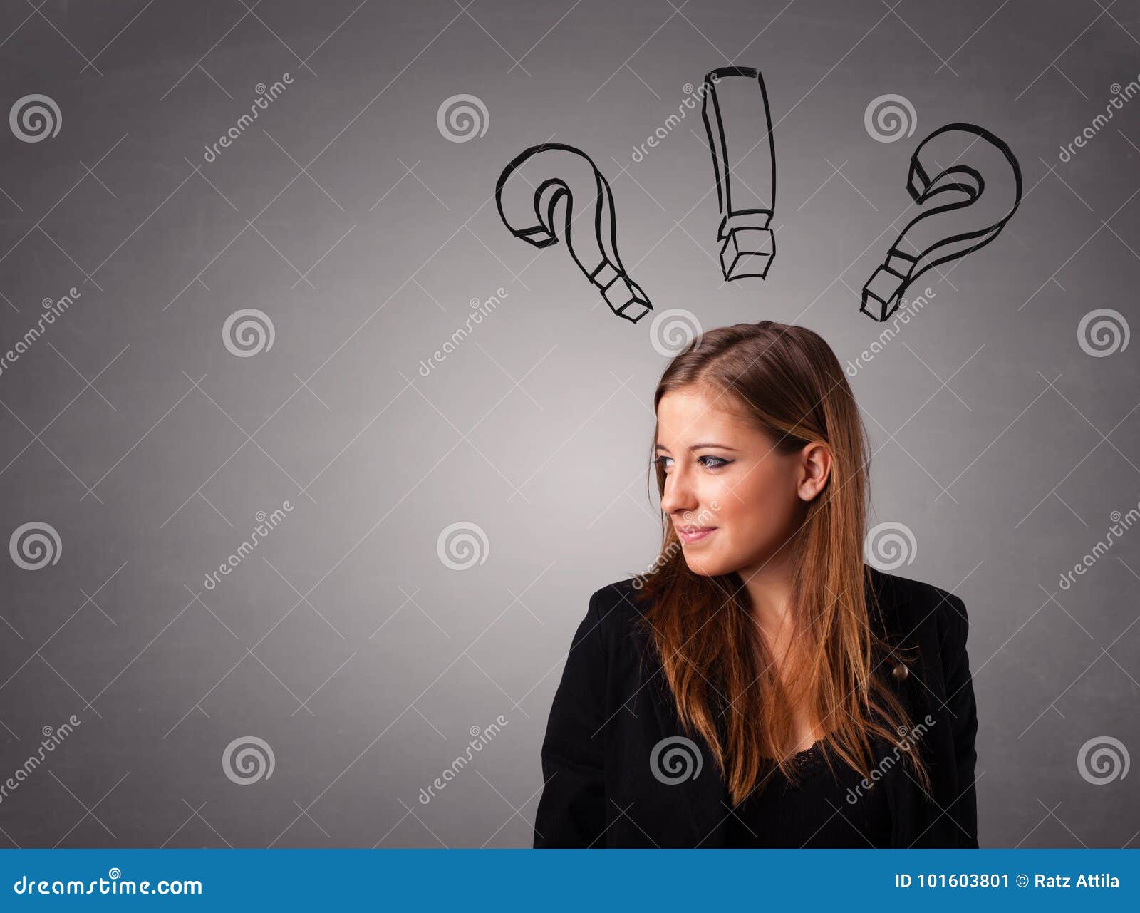 Young Lady Thinking with Question Marks Overhead Stock Image - Image of ...