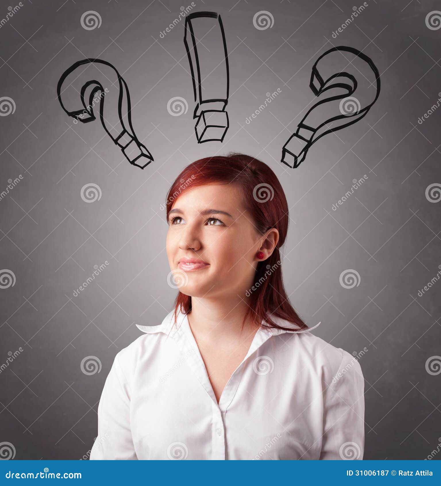 Young Lady Thinking with Question Marks Overhead Stock Image - Image of ...