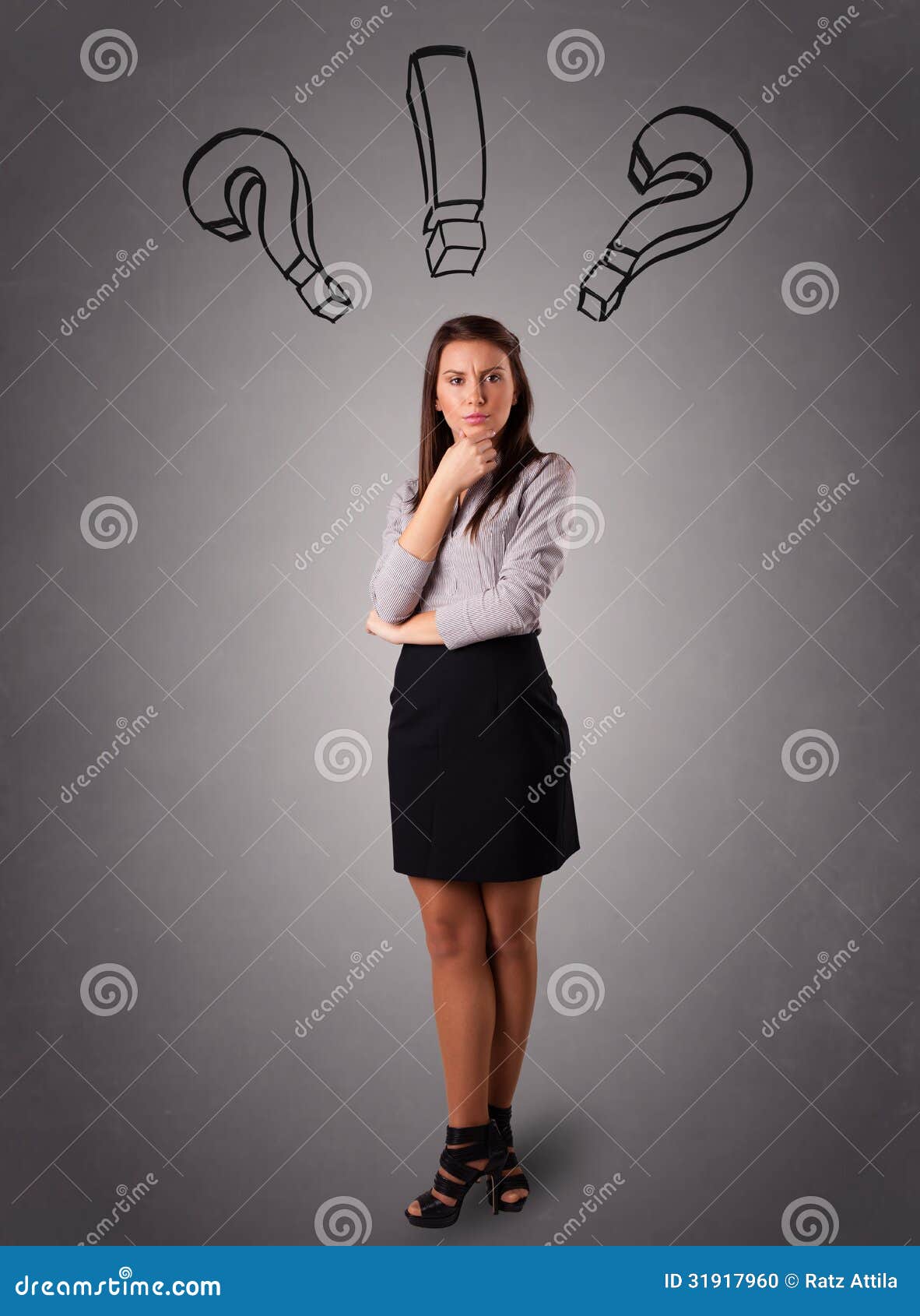 Young Lady Thinking with Question Marks Overhead Stock Photo - Image of ...