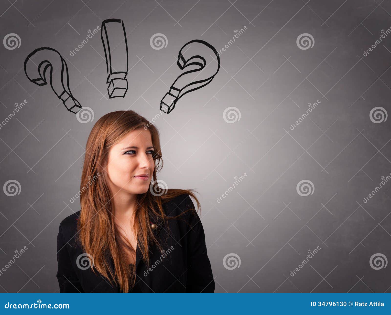 Young Lady Thinking with Question Marks Overhead Stock Photo - Image of ...