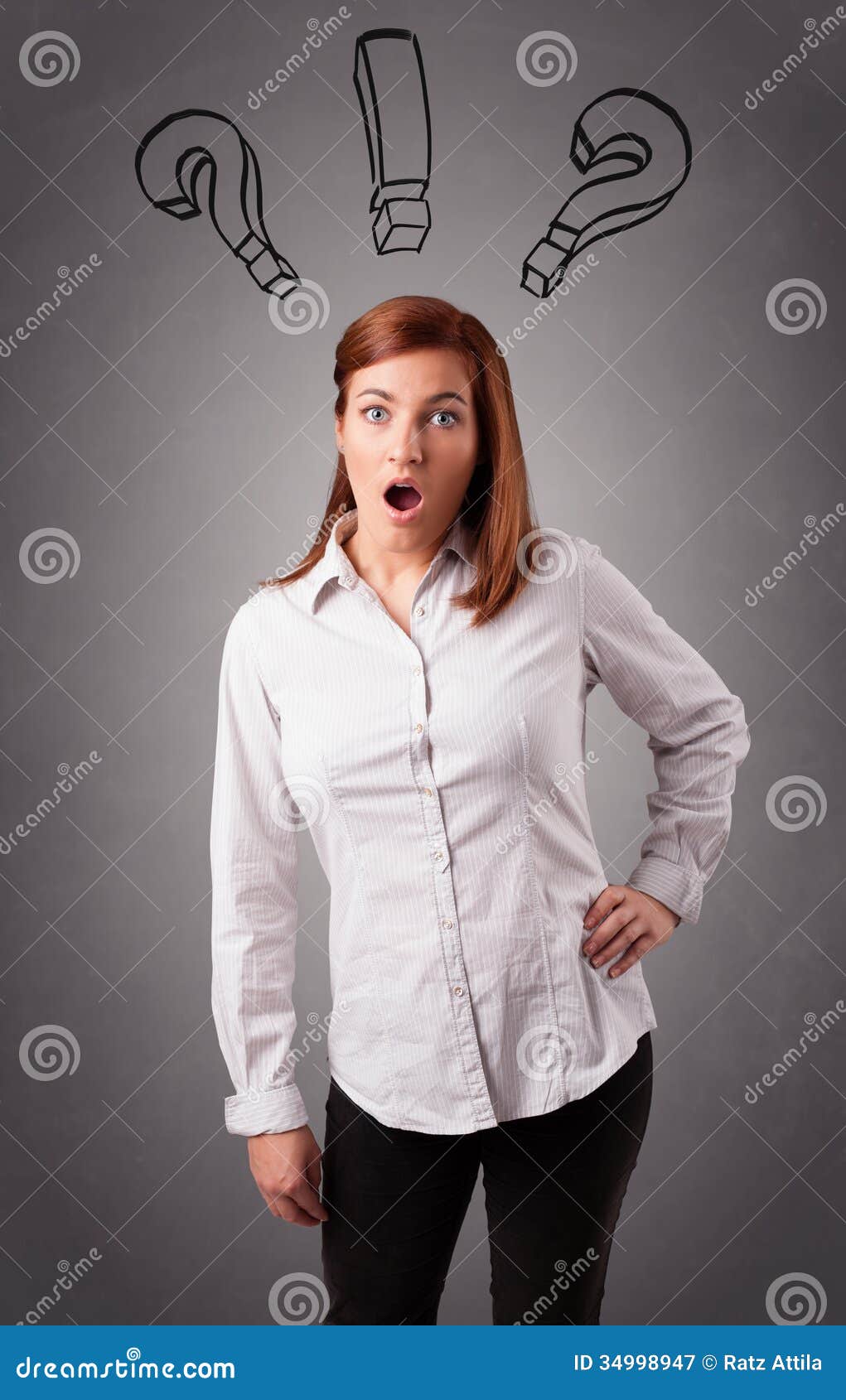 Young Lady Thinking with Question Marks Overhead Stock Image - Image of ...
