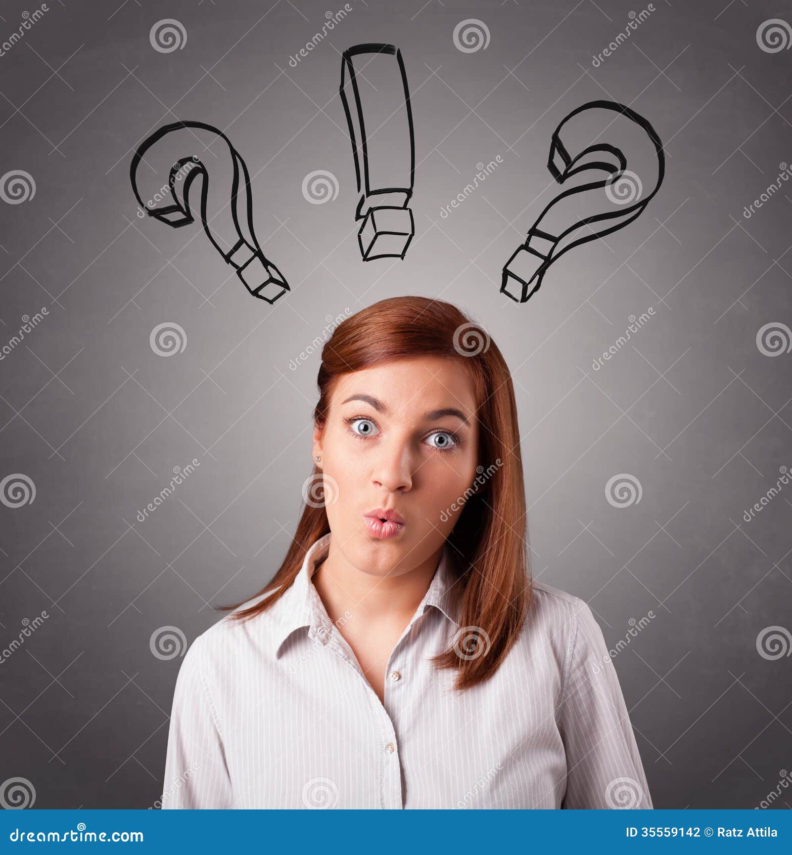 Young Lady Thinking with Question Marks Overhead Stock Photo - Image of ...