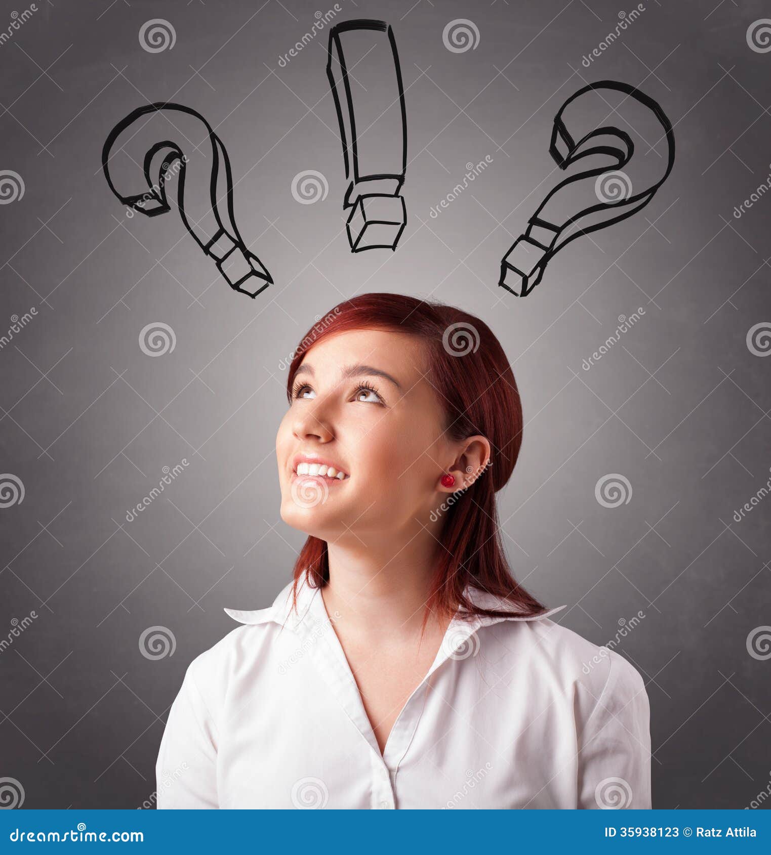 Young Lady Thinking with Question Marks Overhead Stock Image - Image of ...
