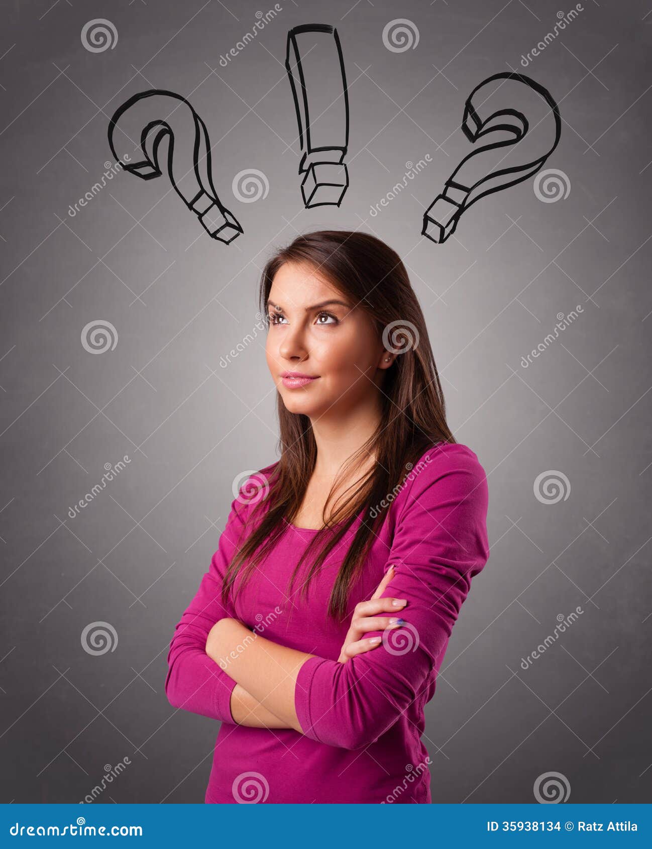Young Lady Thinking with Question Marks Overhead Stock Photo - Image of ...
