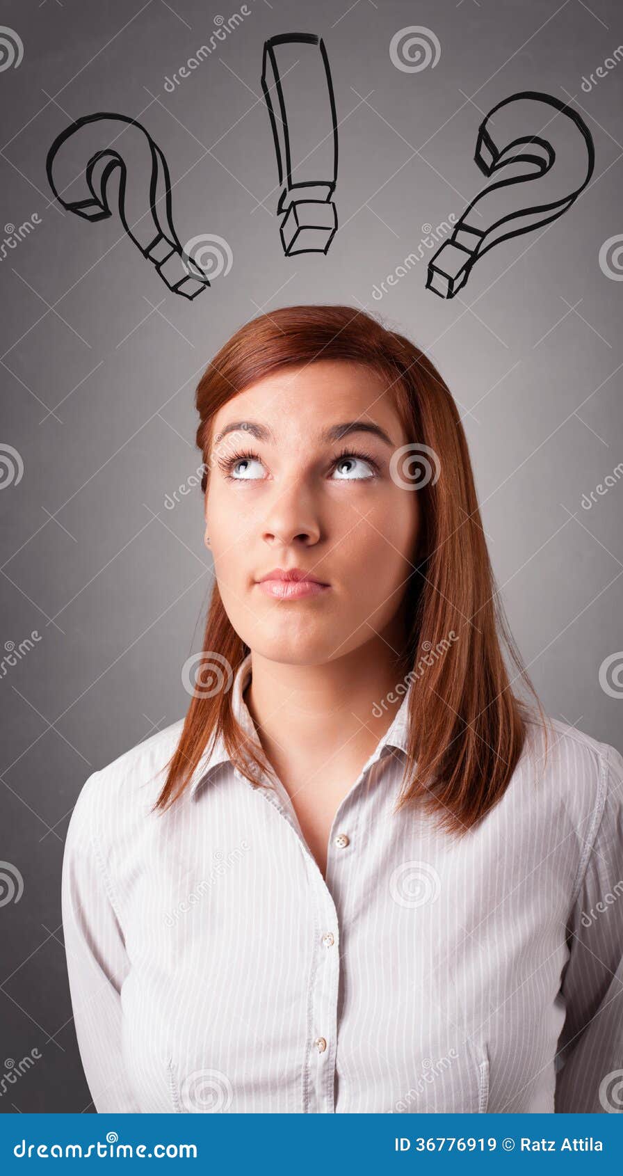 Young Lady Thinking with Question Marks Overhead Stock Image - Image of ...
