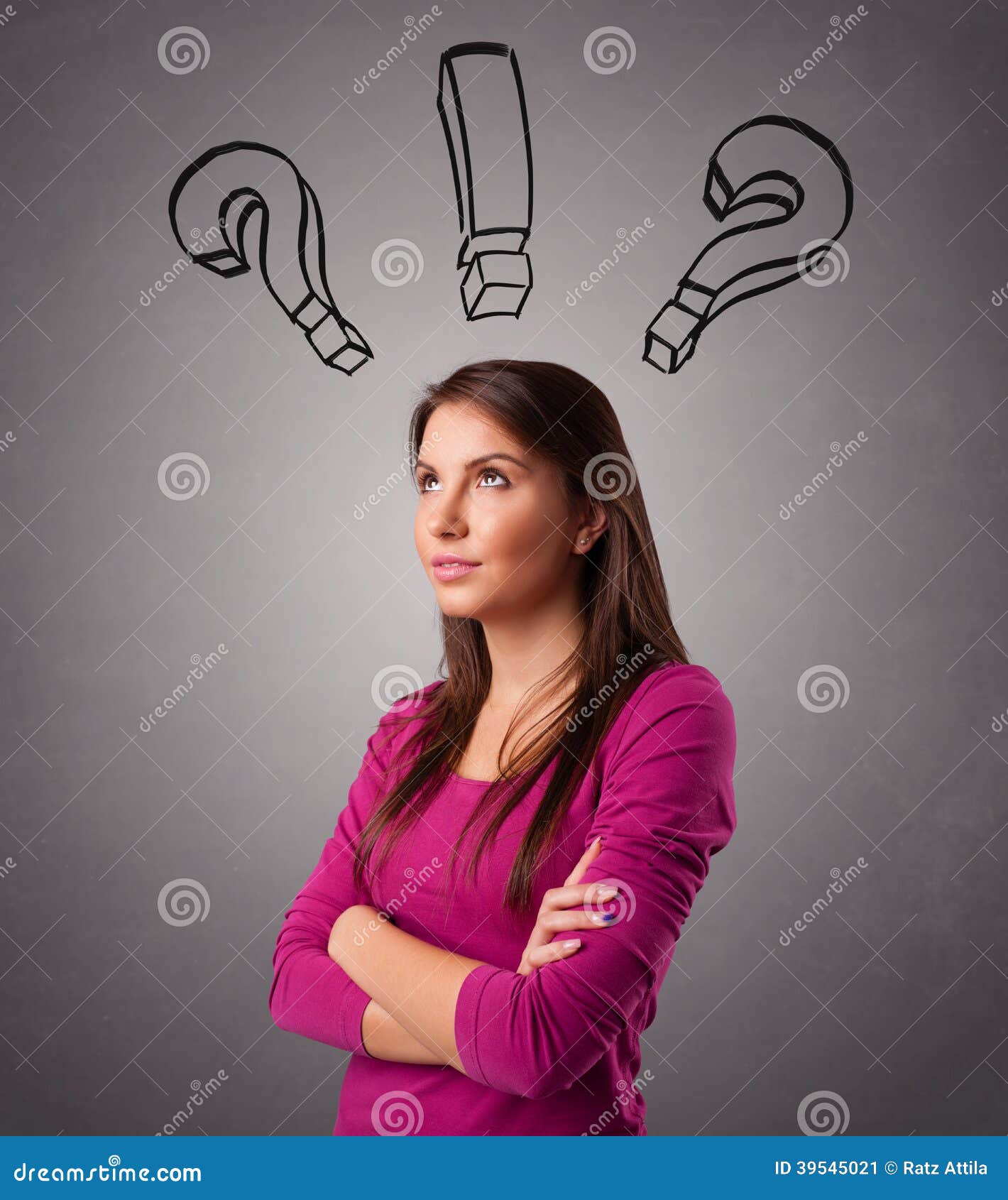 Young Lady Thinking with Question Marks Overhead Stock Illustration ...