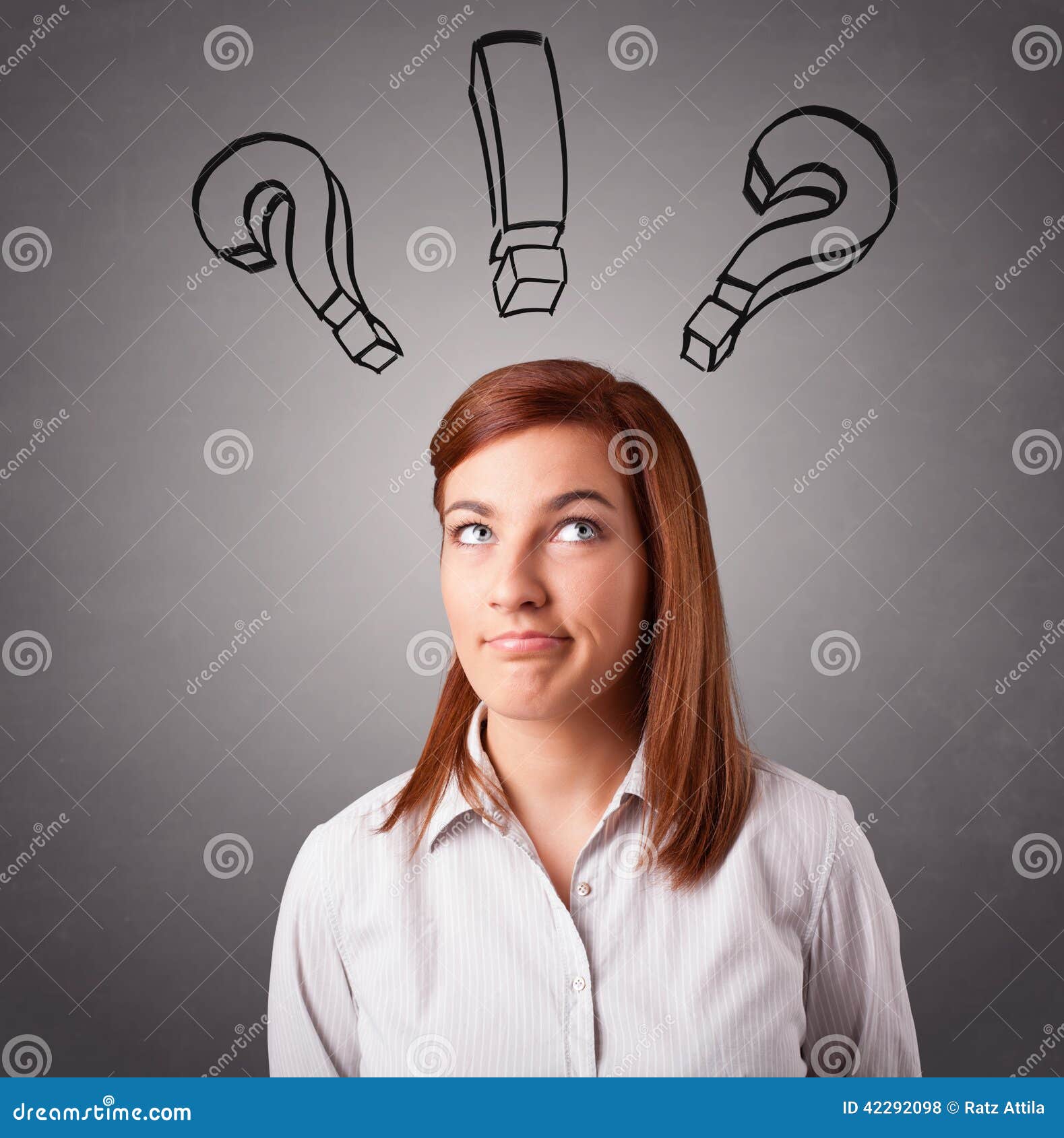 Young Lady Thinking with Question Marks Overhead Stock Illustration ...