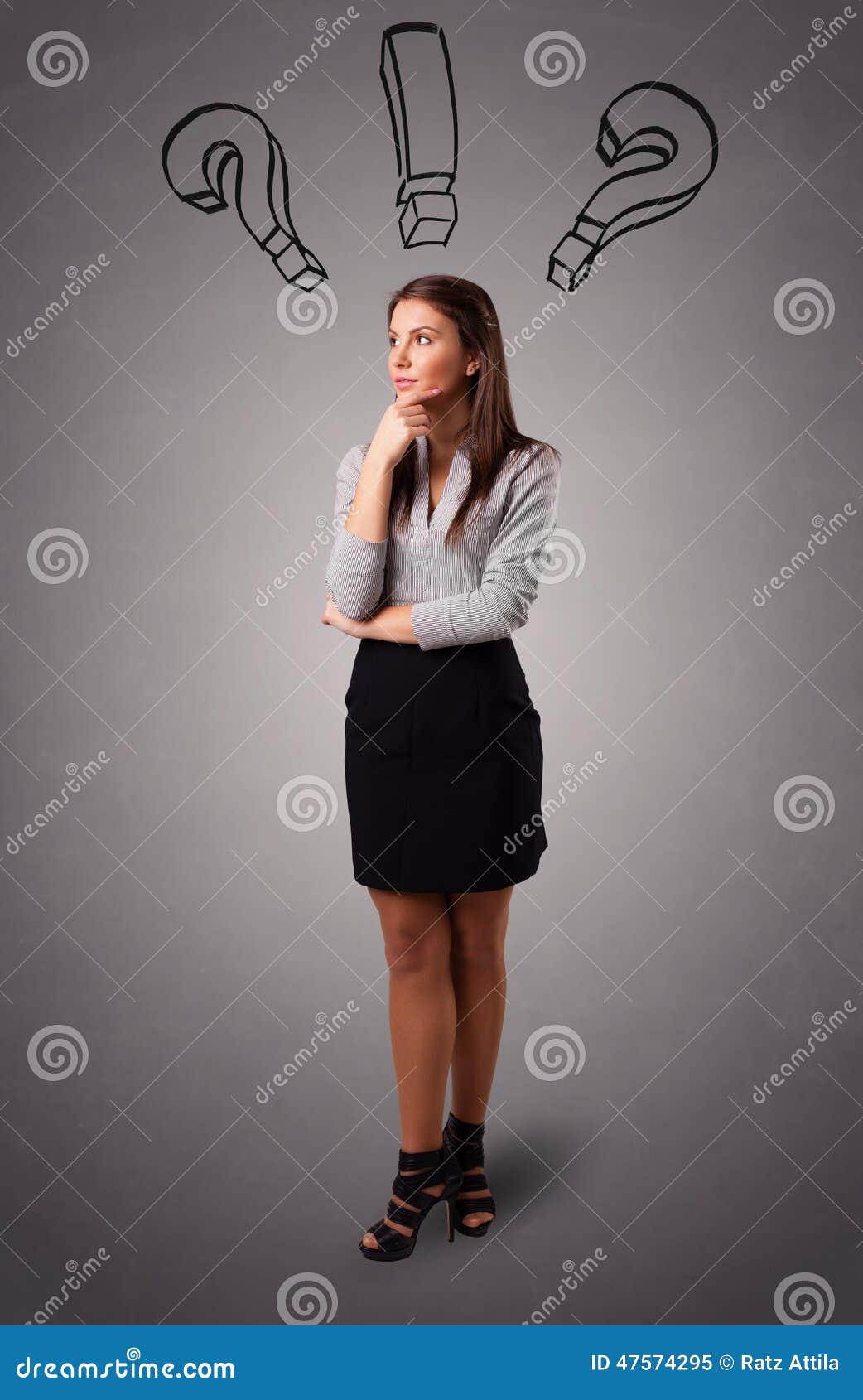 Young Lady Thinking with Question Marks Overhead Stock Image - Image of ...